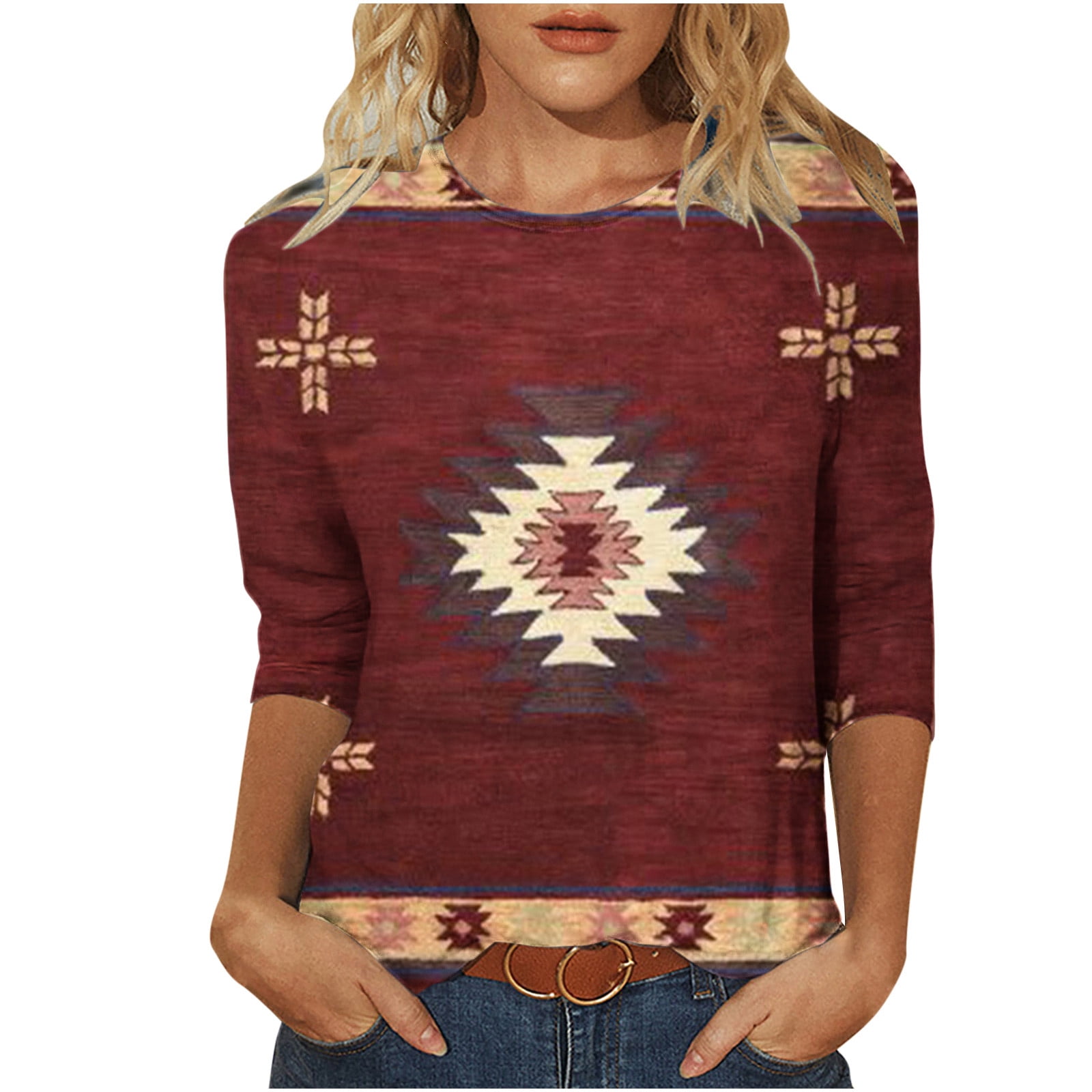 Fartey Womens Western Ethnic Style Tops Retro Aztec Printed Pullover