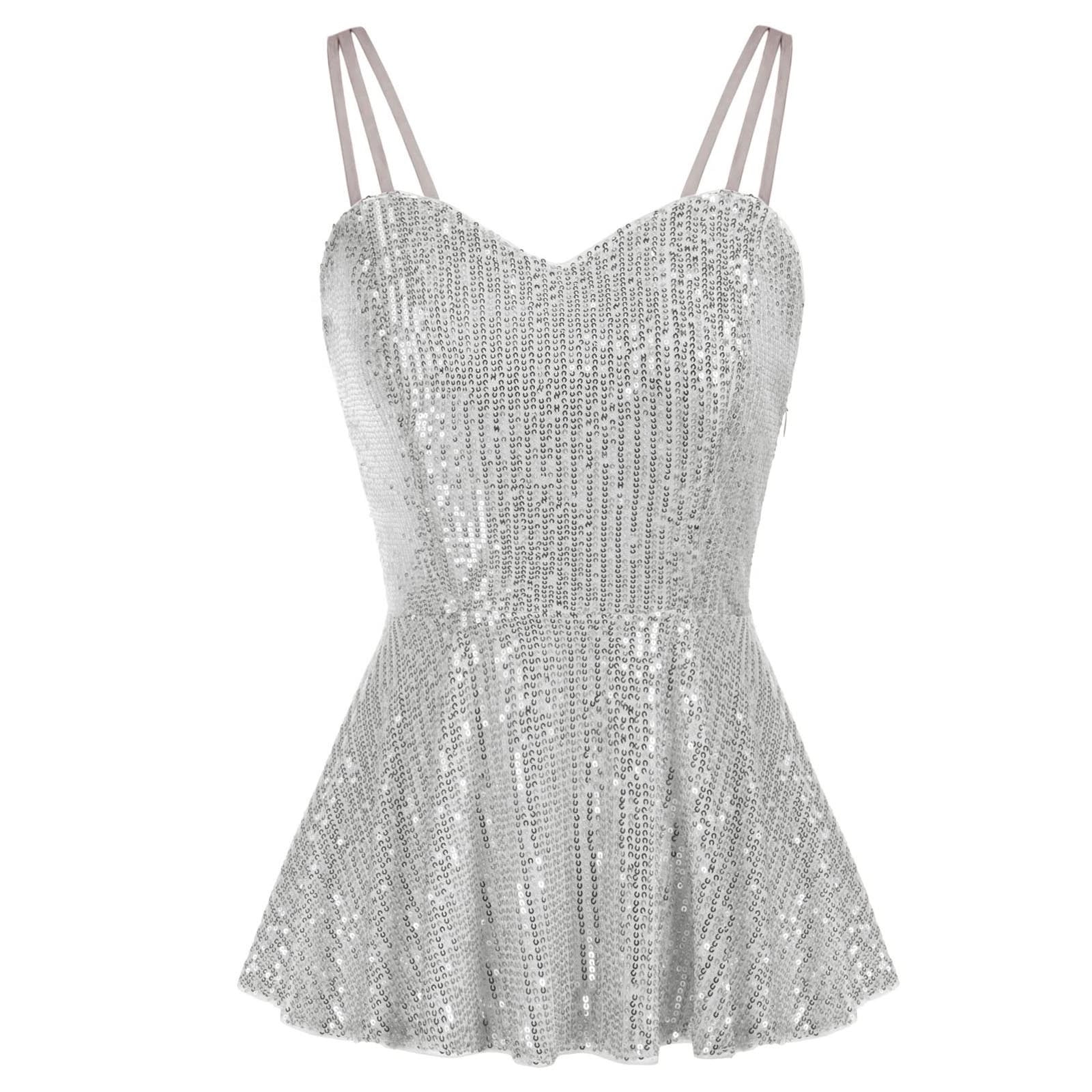 fartey Womens Sparkly Sequin Tank Shirts Tunic Multi Strap Sparkle Vest ...