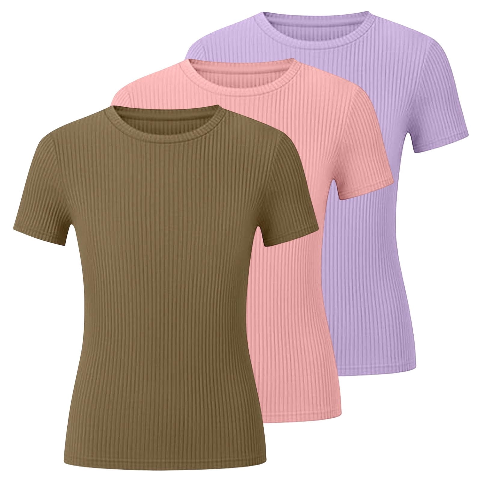 fatyb 3 Pack Girls Short Sleeve Shirts Ribbed Knit Basic Tee Tops Crew ...