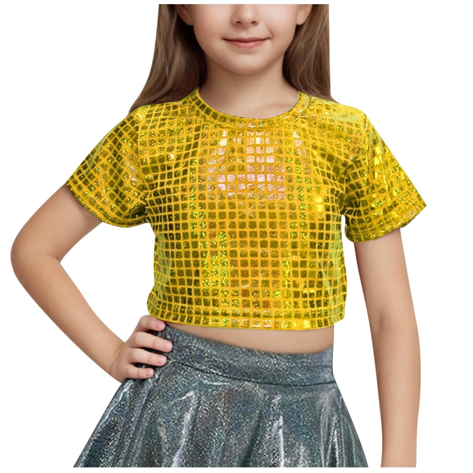 fatyb Boys Girls Shiny Crop Tops Short Sleeve Dance T Shirts Round Neck ...