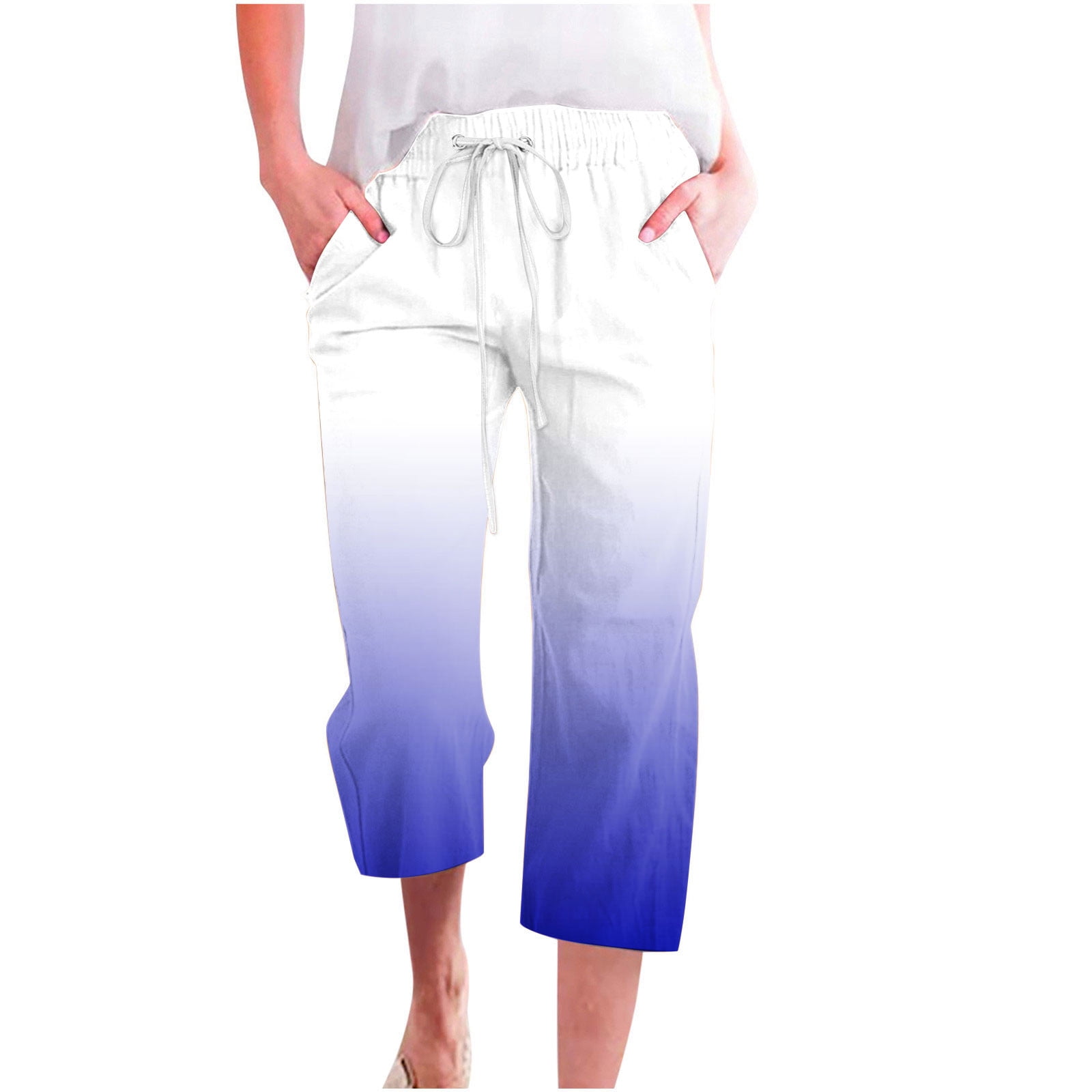 fatyb Capri Pants for Women Drawstring Wide Leg Cropped Trousers Summer ...
