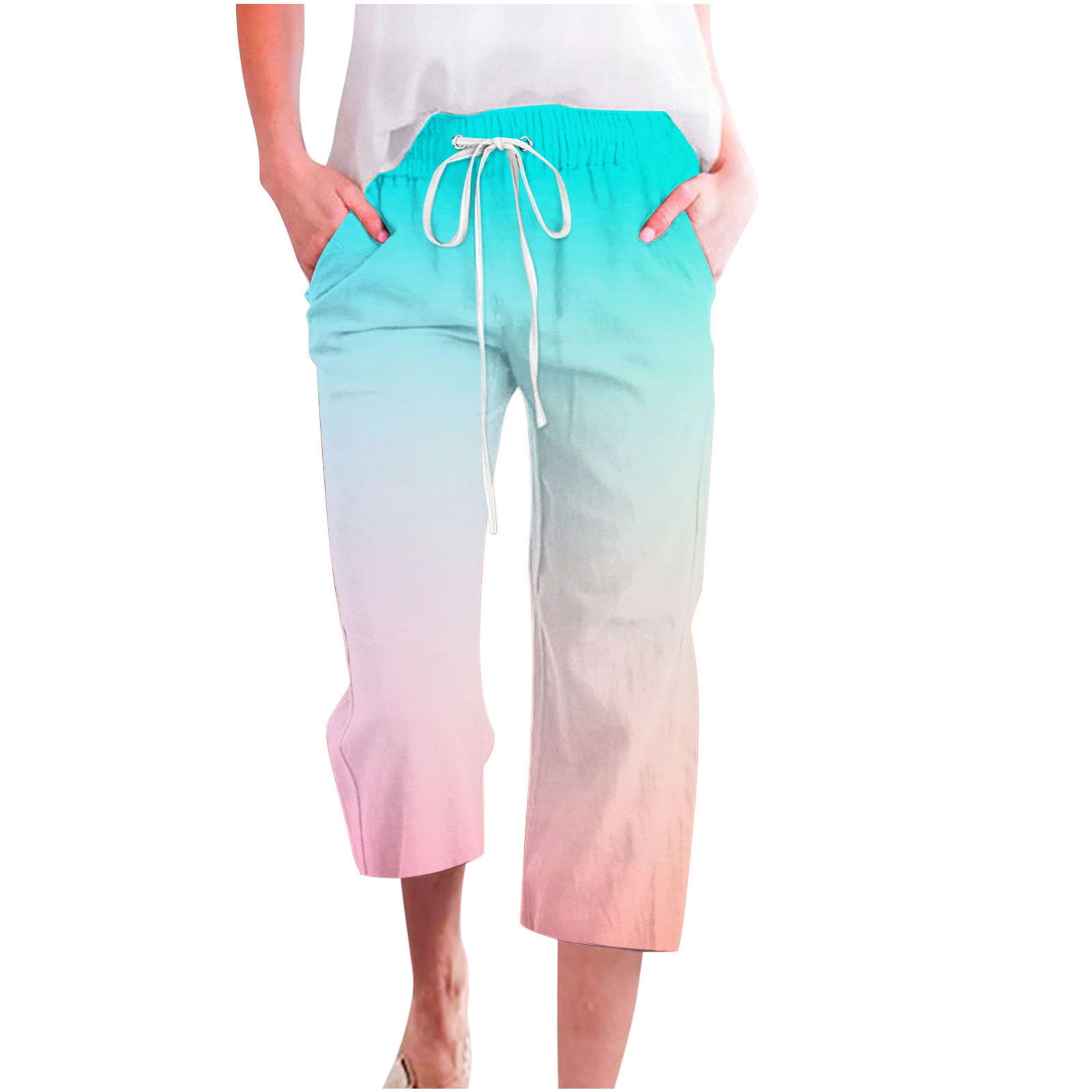 fatyb Capri Pants for Women Drawstring Wide Leg Cropped Trousers Summer ...