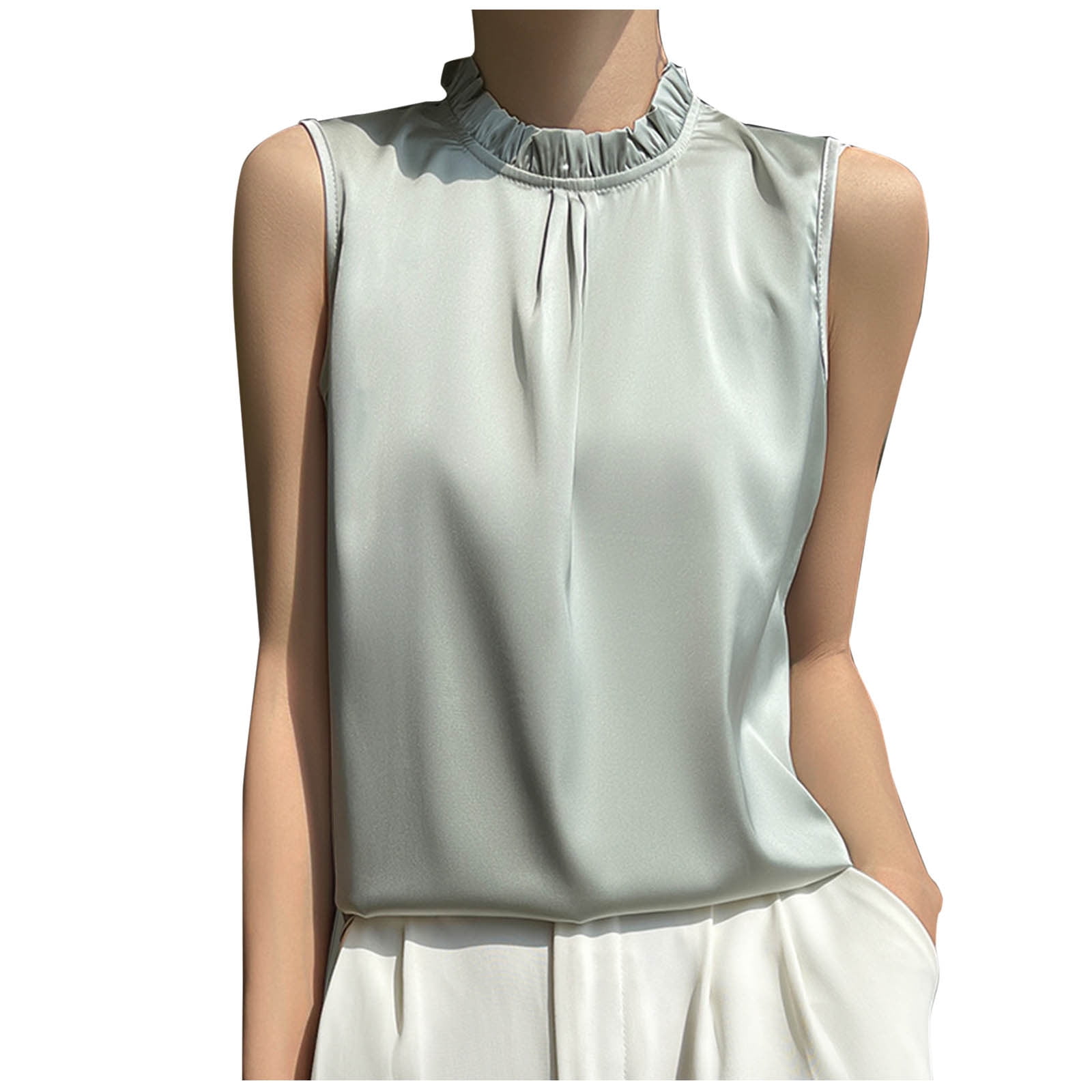 fatyb Elegant Tank Tops for Women Ruffle Mock Neck Office Work Blouses ...