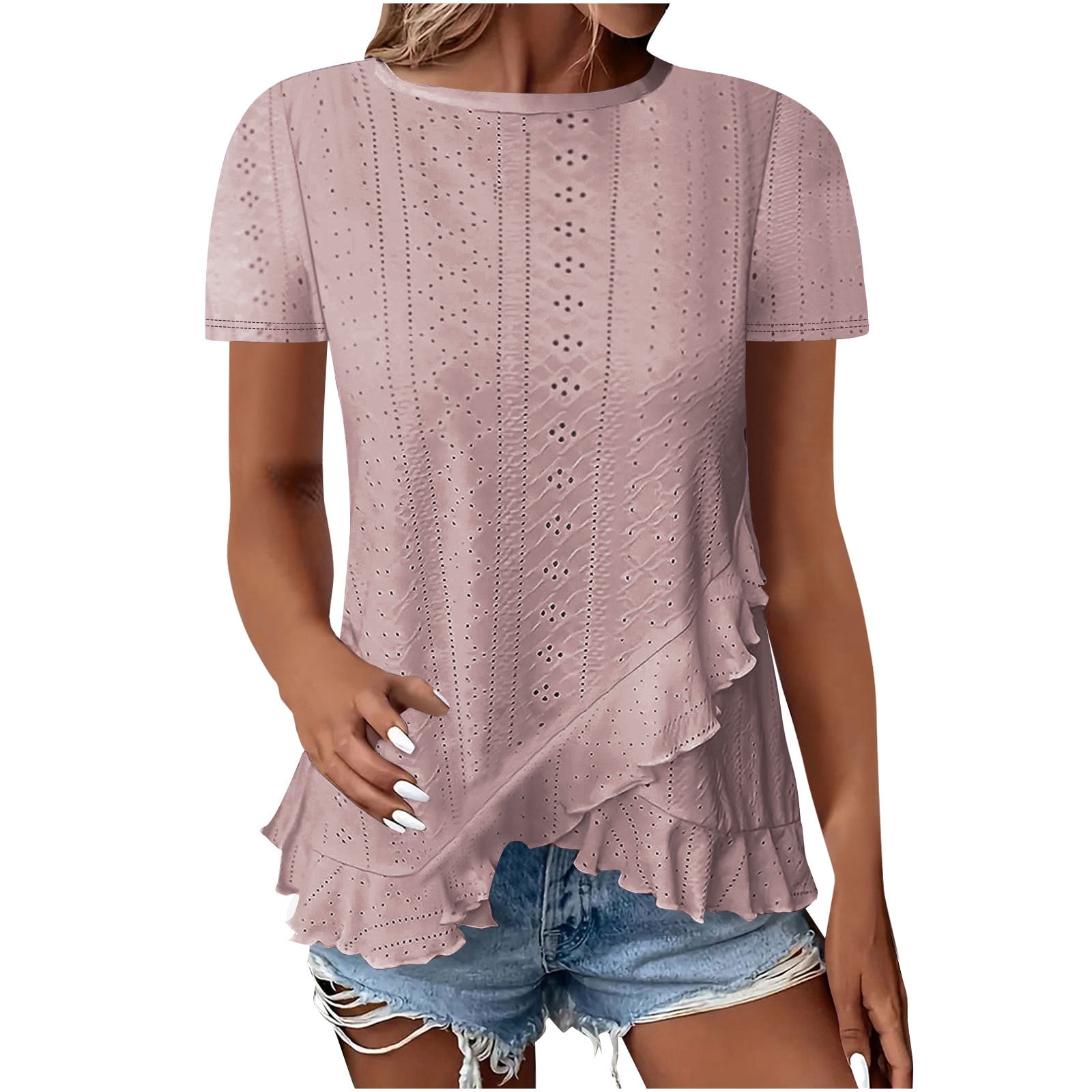 fatyb Eyelet Tops for Women Irregular Hem Crewneck T-Shirts Short ...
