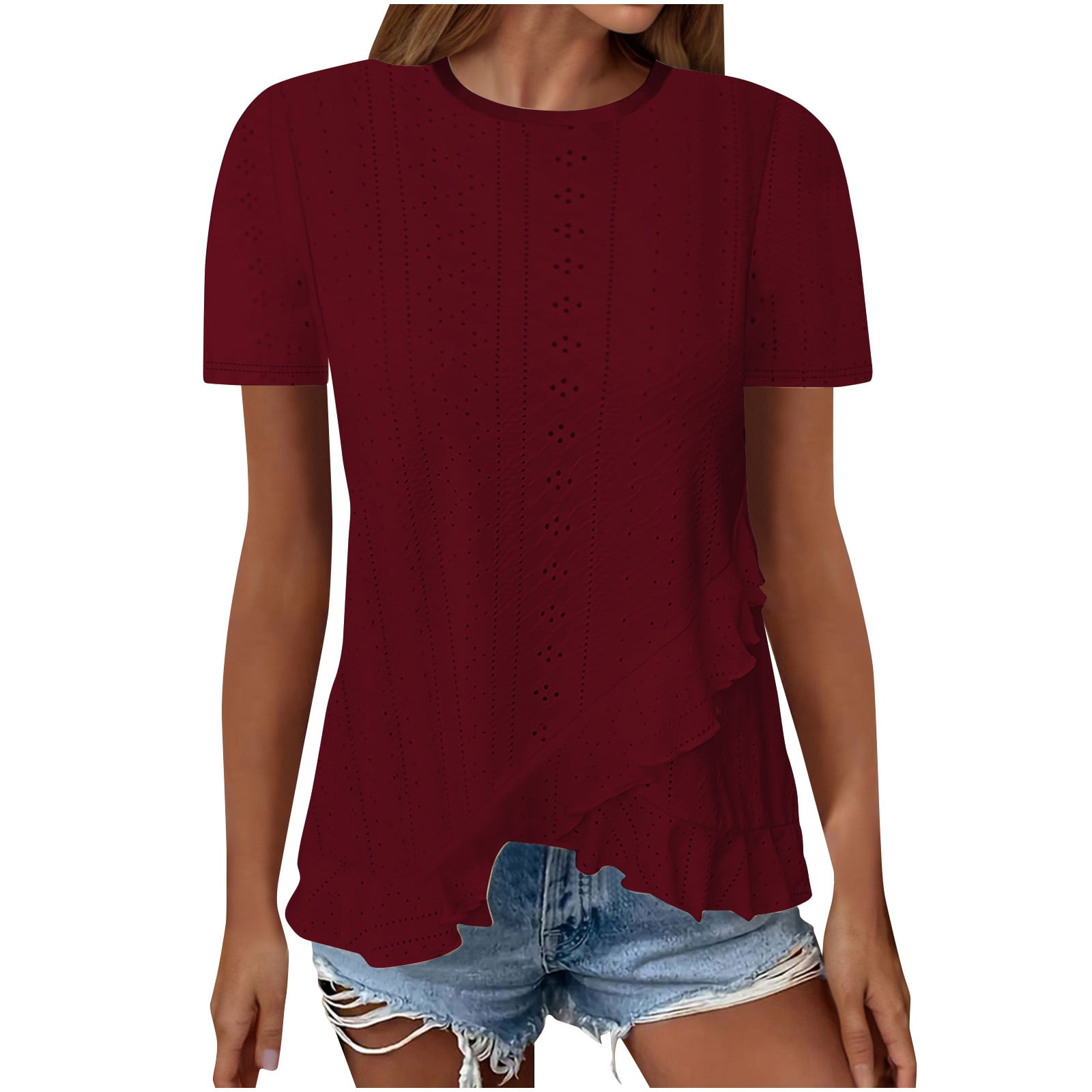 fatyb Eyelet Tops for Women Irregular Hem Crewneck T-Shirts Short ...