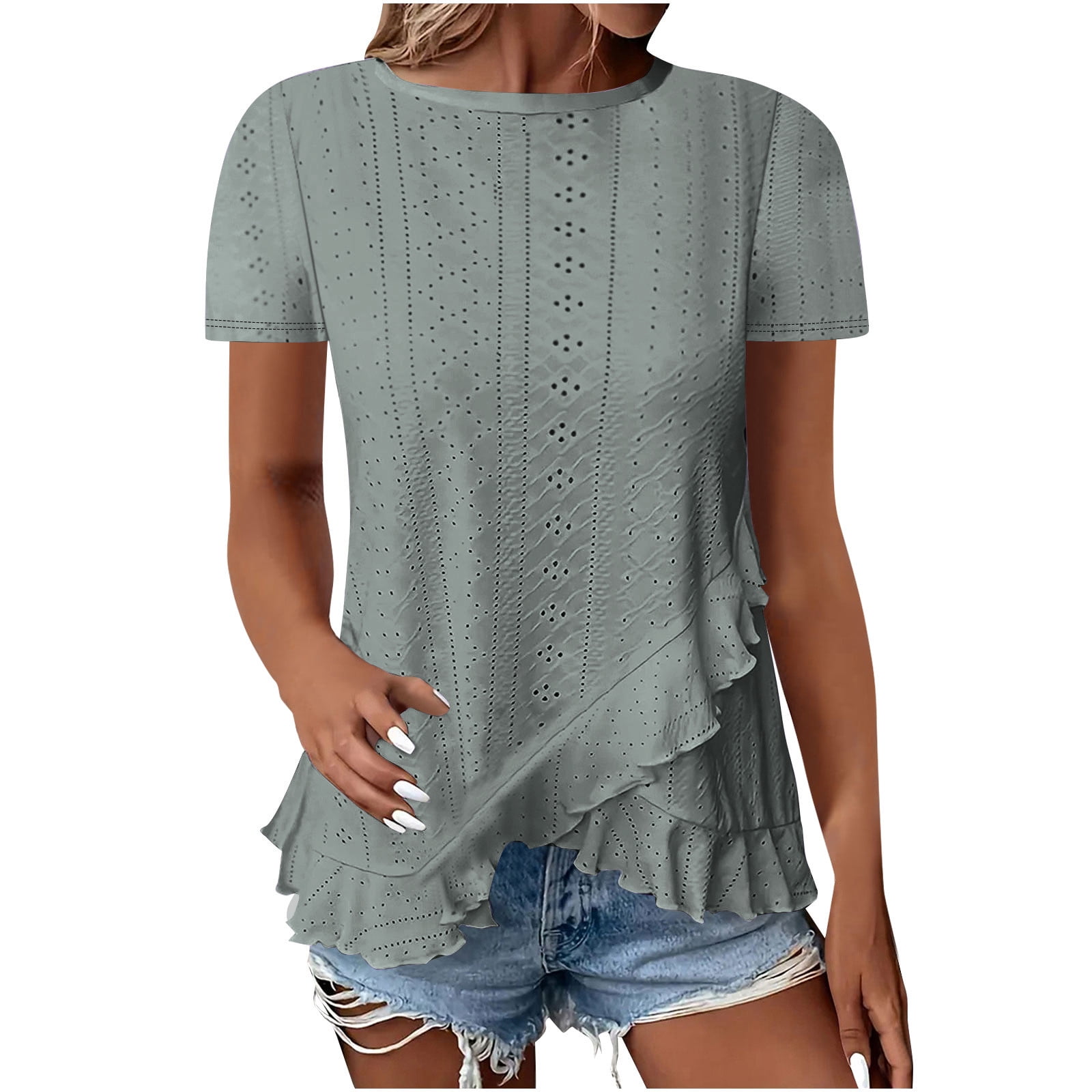 fatyb Eyelet Tops for Women Irregular Hem Crewneck T-Shirts Short ...