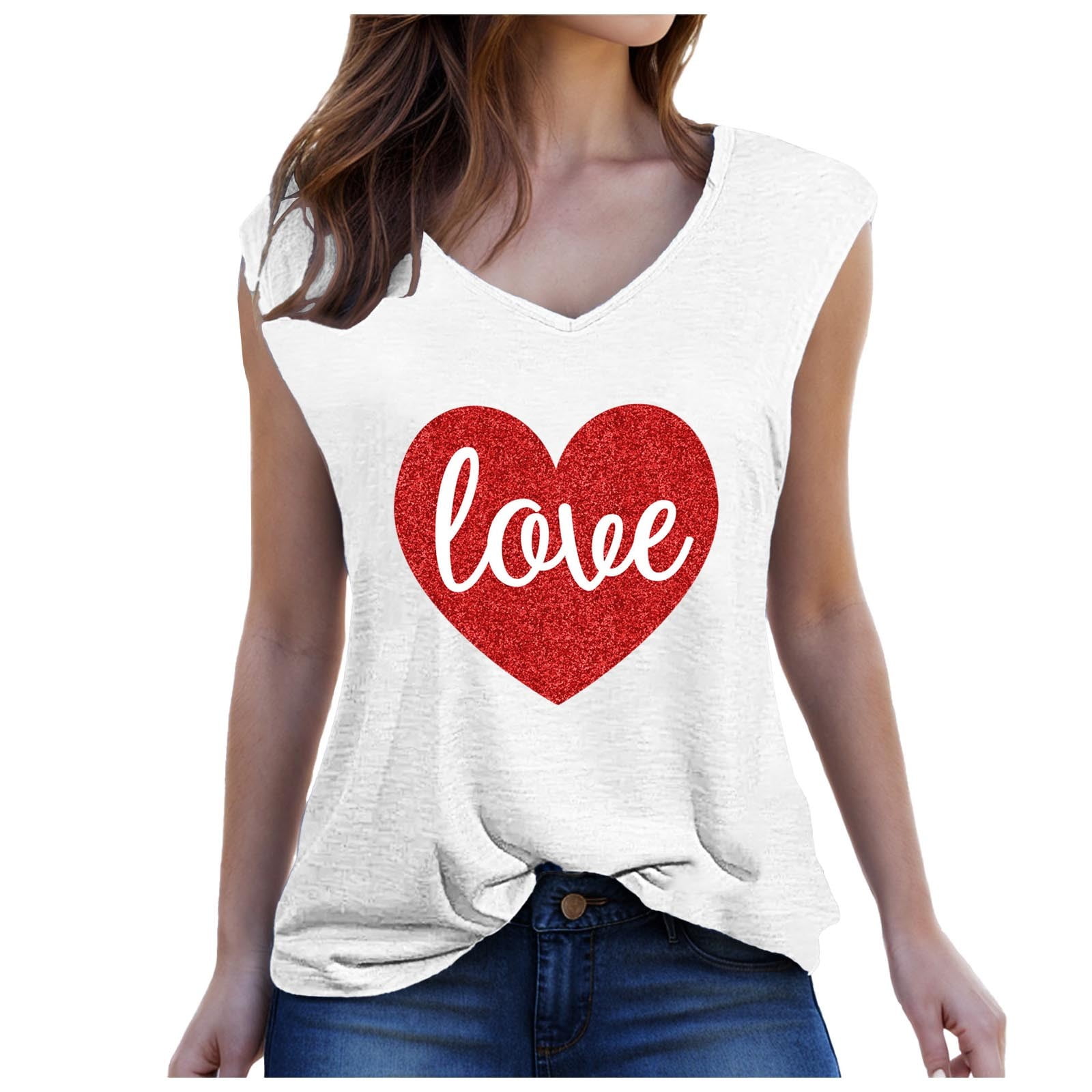 fatyb Heart Tank Tops for Women V Neck Sleeveless Print Tshirts Graphic ...