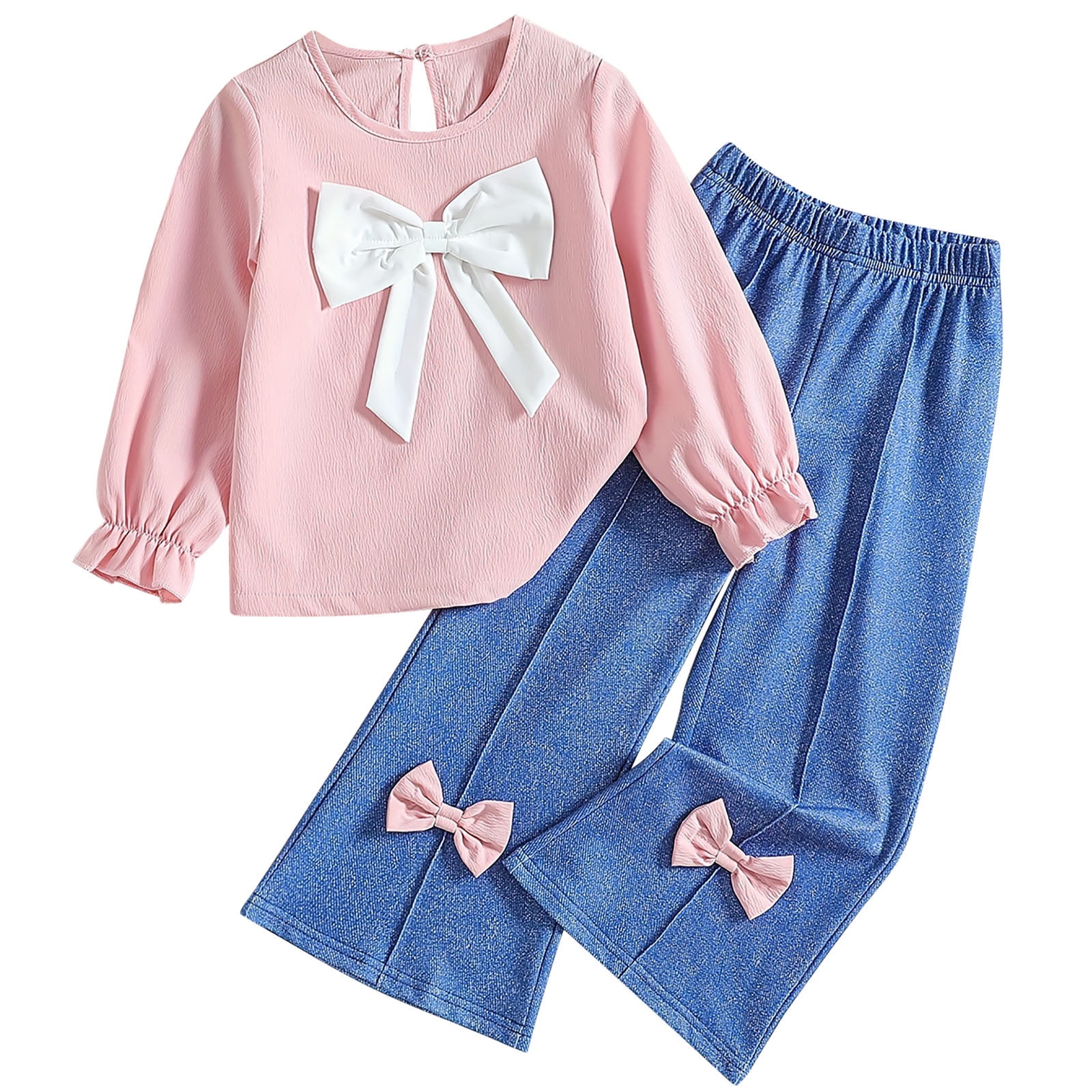 fatyb Kids Girls 2 Piece Outfits Puff Long Sleeve Bowknot Tops Wide Leg ...