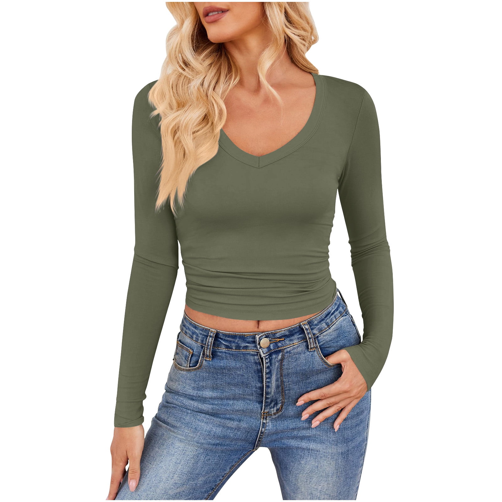 fatyb Long Sleeve Shirts for Women V Neck Slim Tops Basic Casual Tops ...
