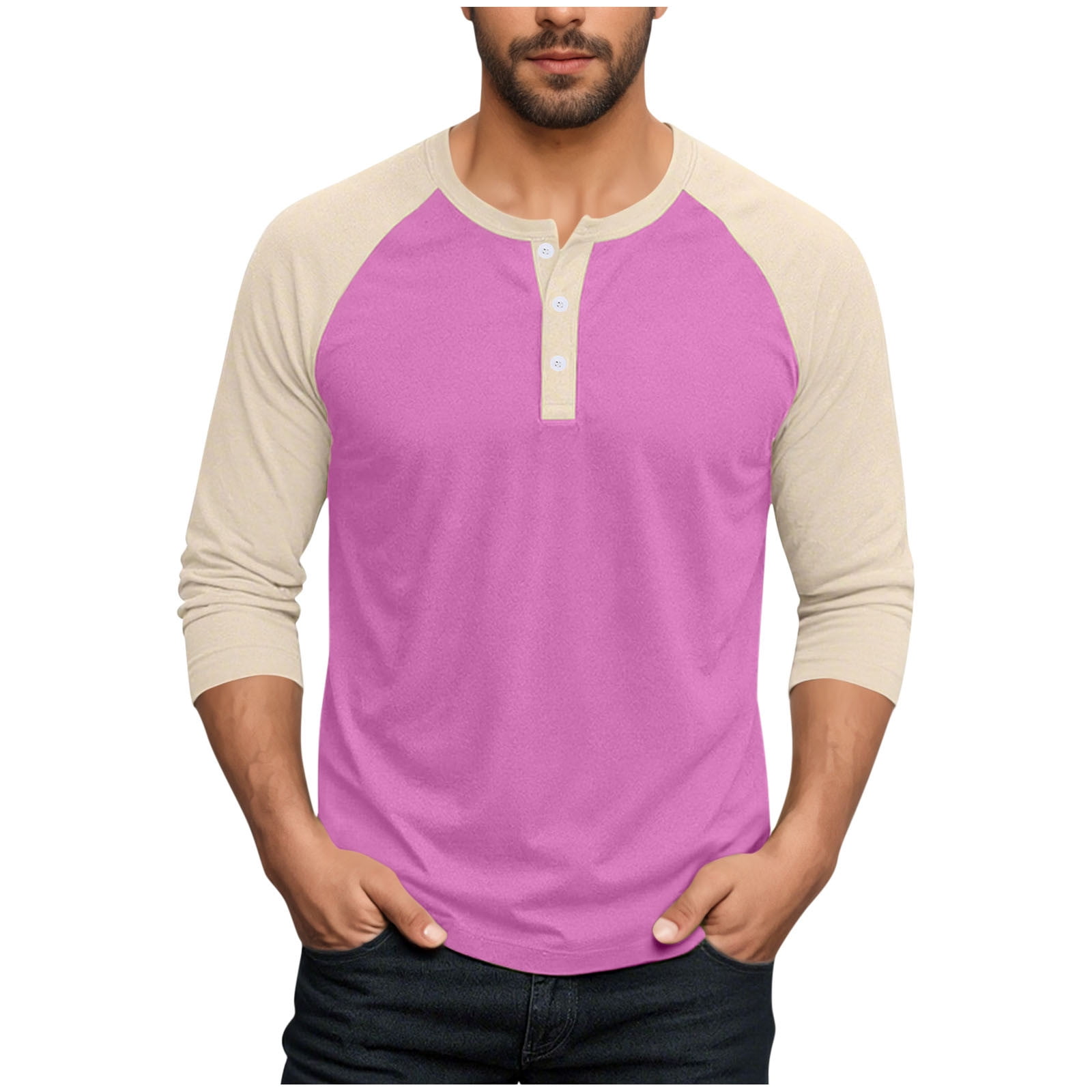 fatyb Men's Button T-Shirts Long Sleeve Color Block Tee Shirts ...