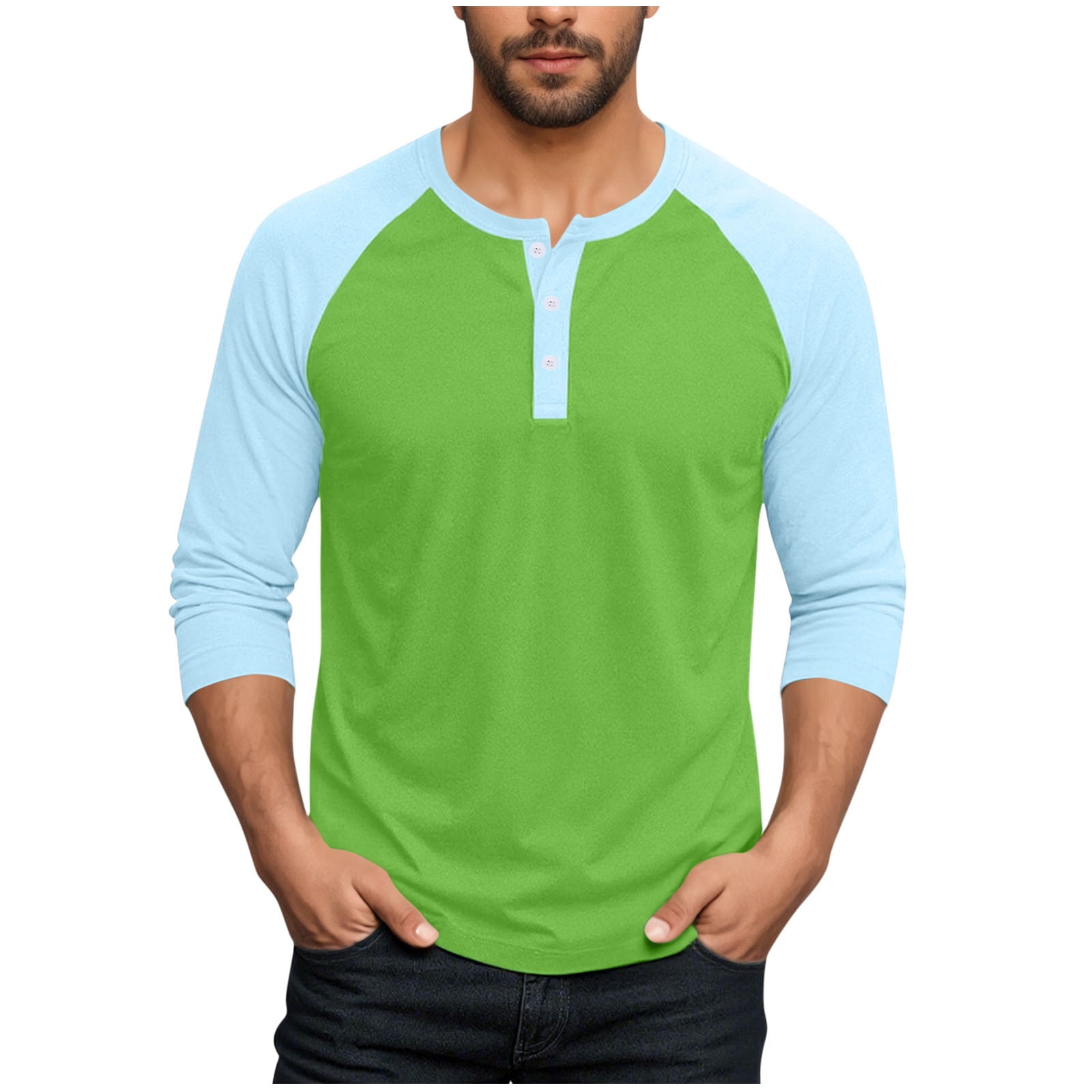 fatyb Men's Button T-Shirts Long Sleeve Color Block Tee Shirts ...