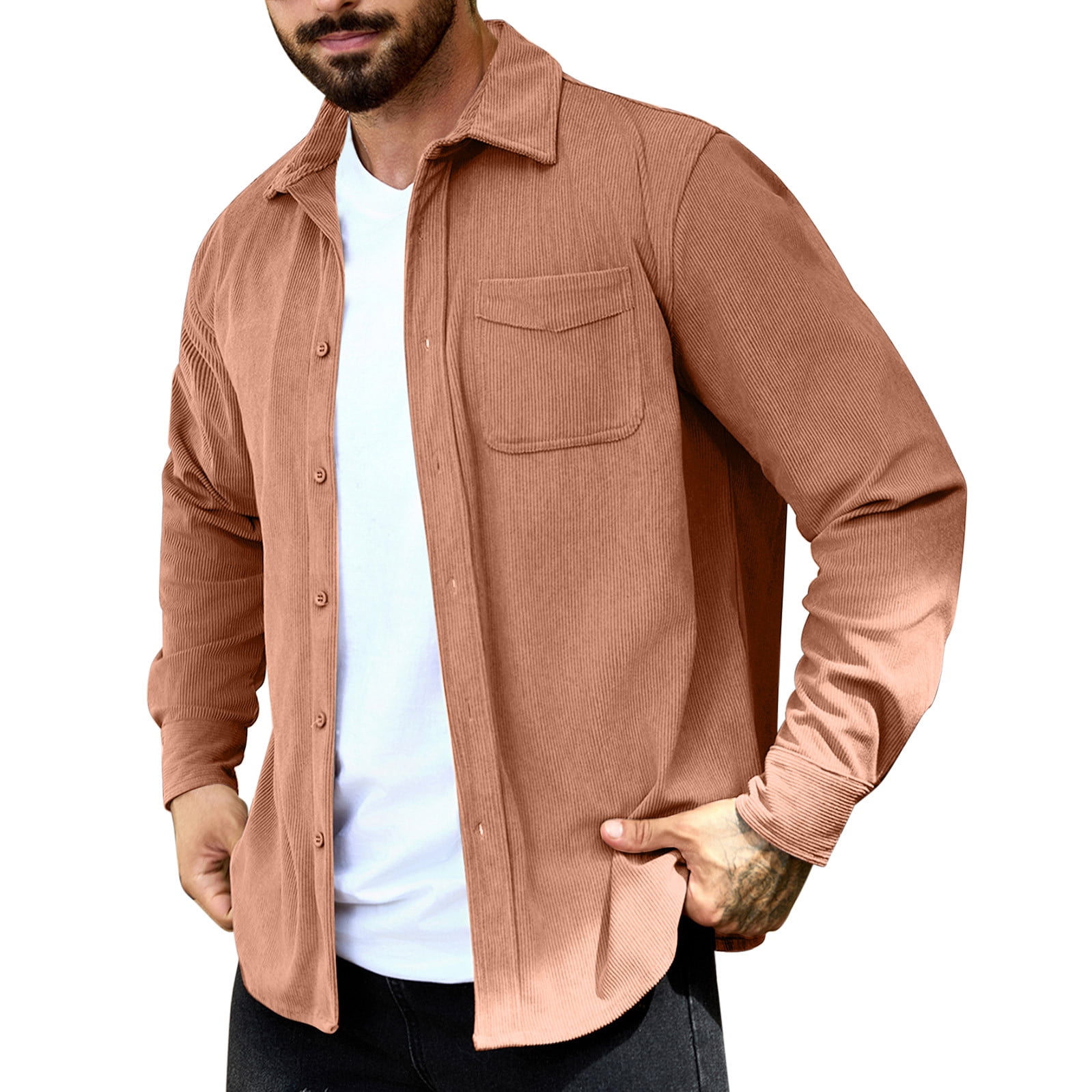 fatyb Men's Casual Corduroy Shirts Long Sleeve Shackets for Men Button ...