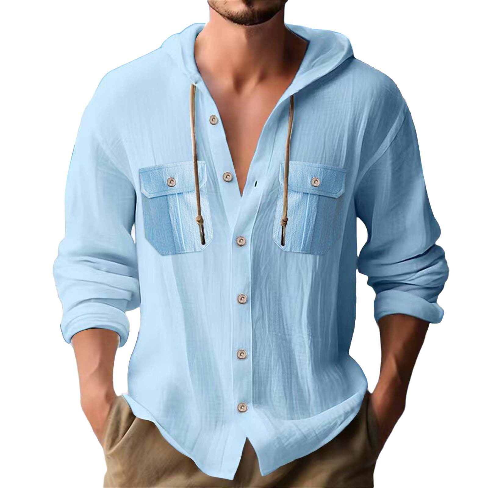 fatyb Mens Button down Hooded Shirts Long/Short Sleeve Drawstring ...