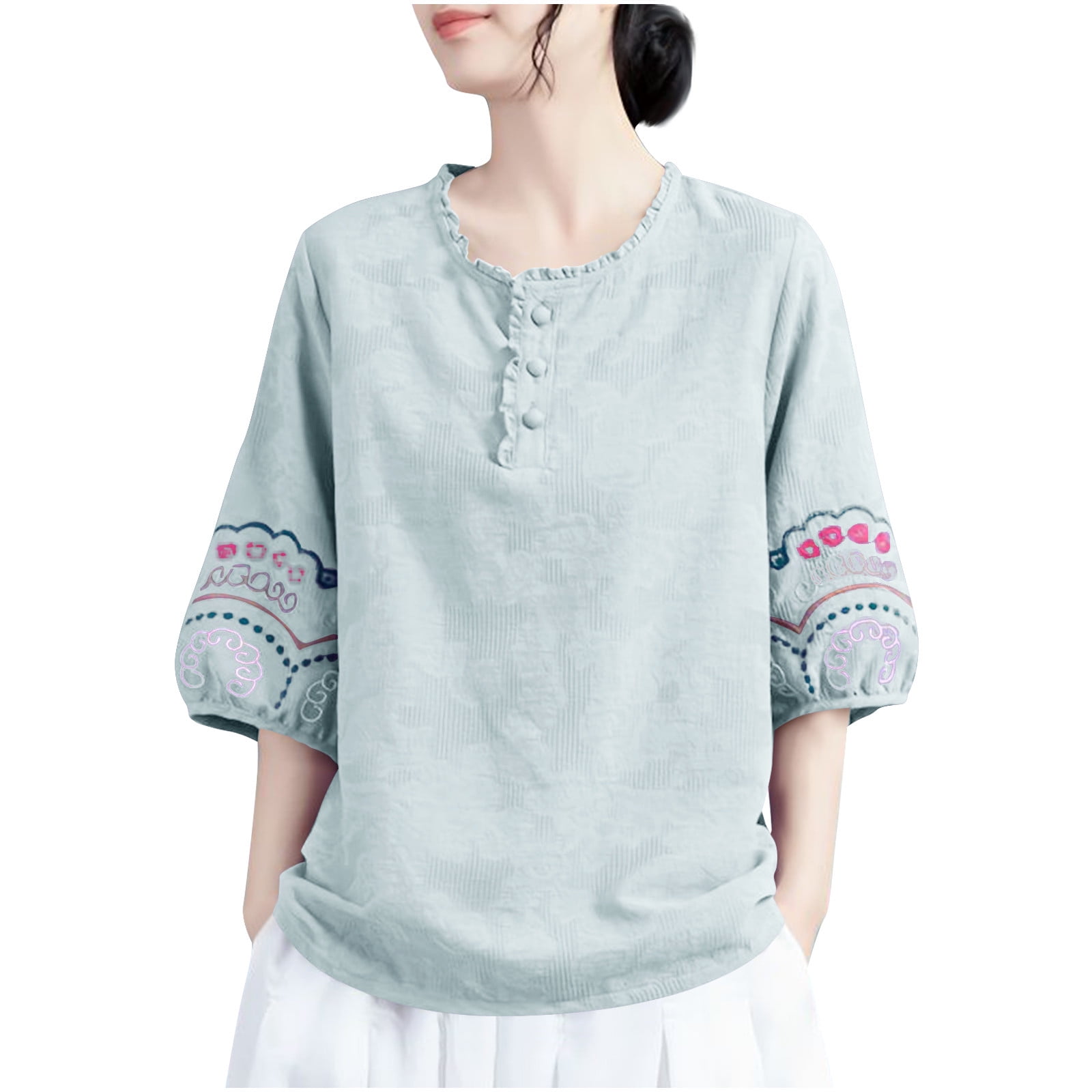 fatyb Plus Size Linen Shirts Embroidery Short Sleeve Button up Vintage ...