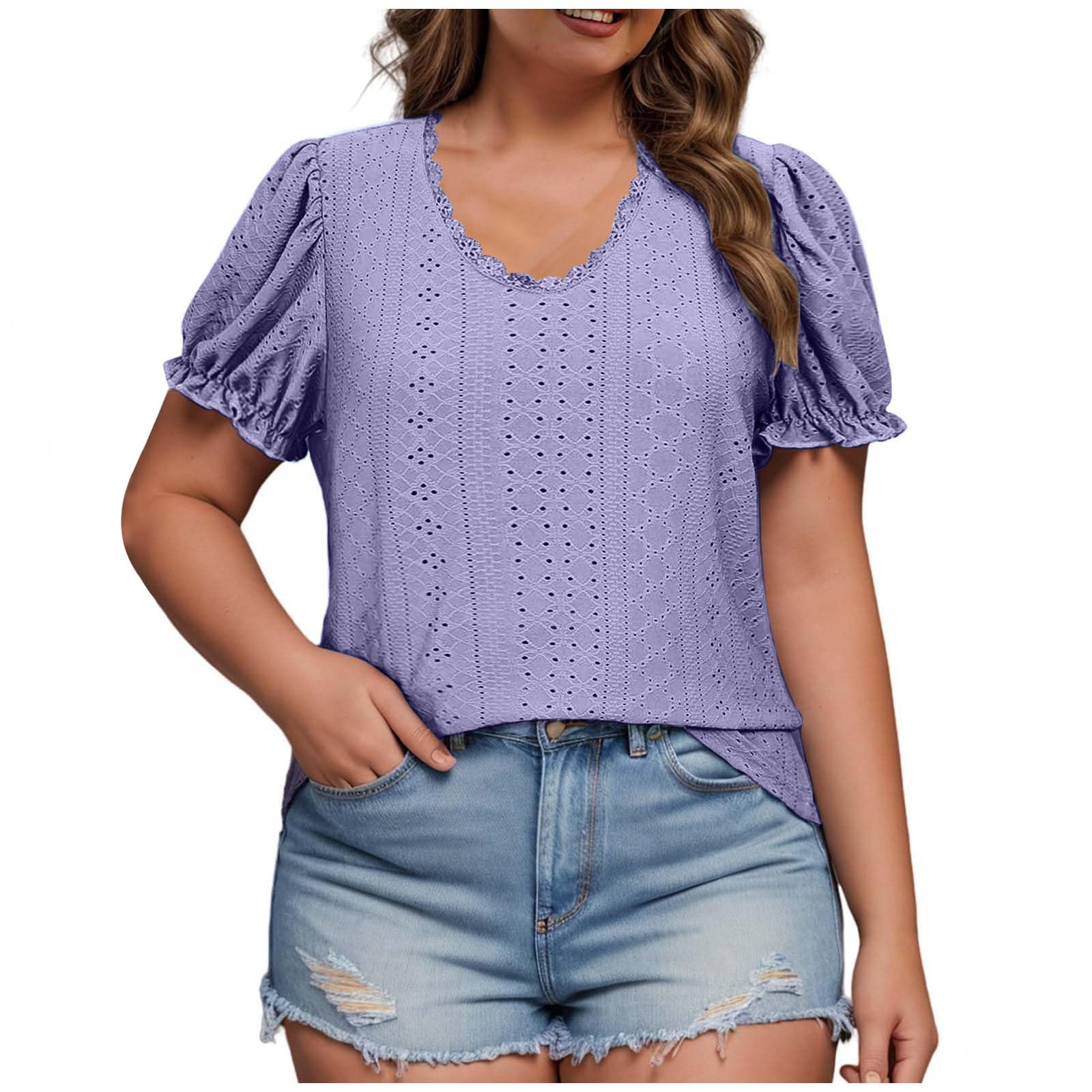 fatyb Plus Size Tops for Women Puff Short Sleeve Eyelet Blouses Dressy ...