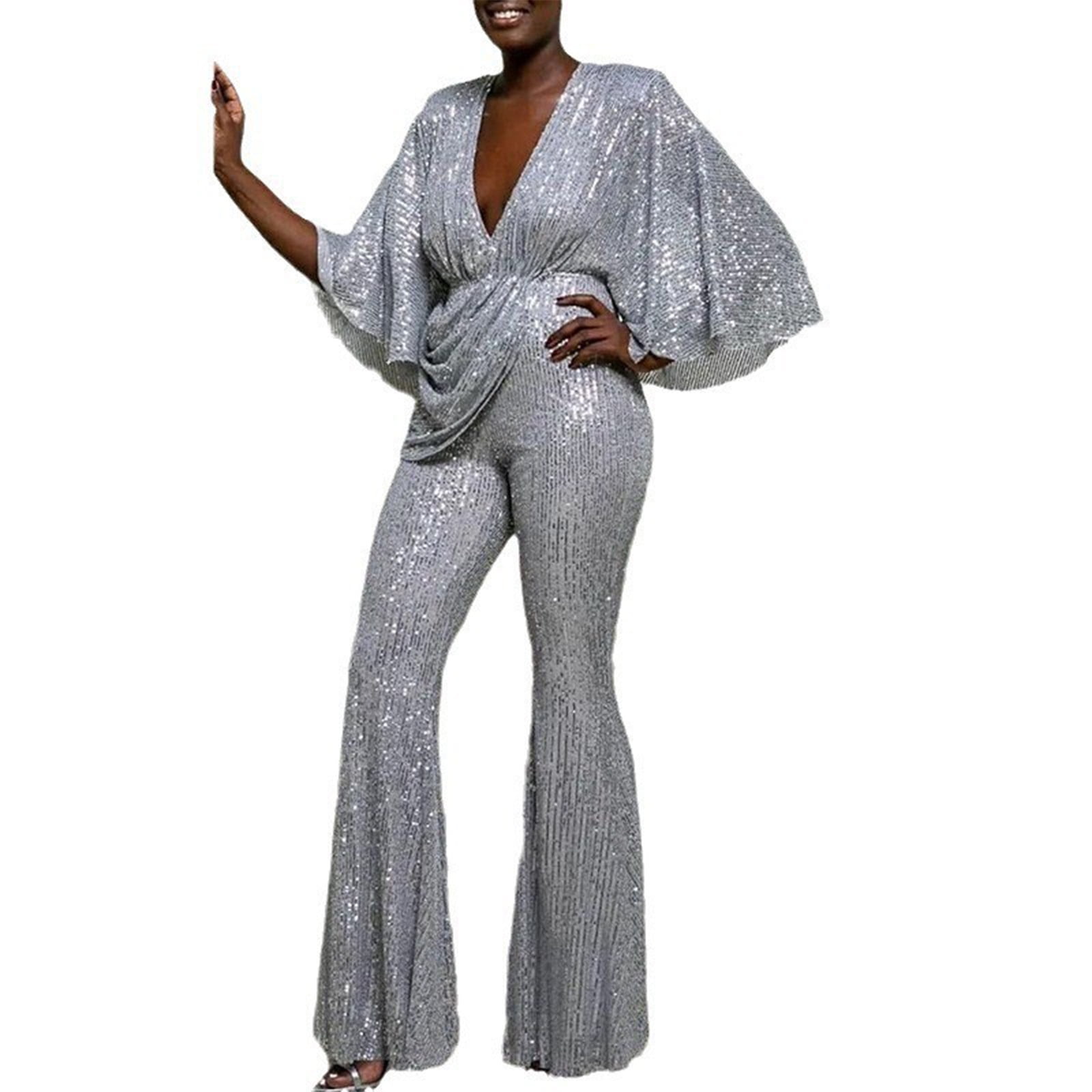 fatyb Sequin Jumpsuits for Women Sparkly Wrap V Neck One-Piece Flare ...