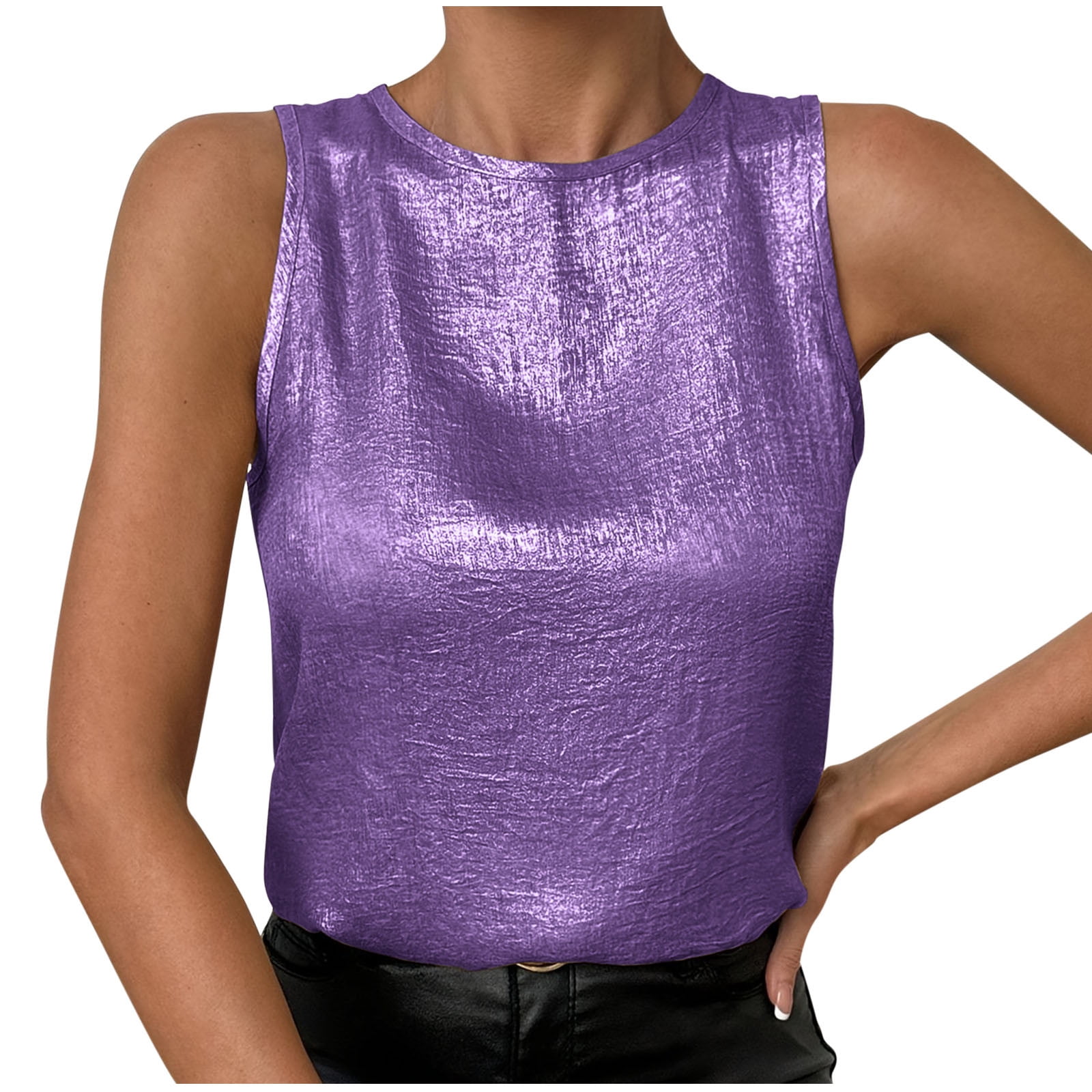 fatyb Shiny Tank Tops Women's Round Neck Sleeveless Dressy Shirts ...