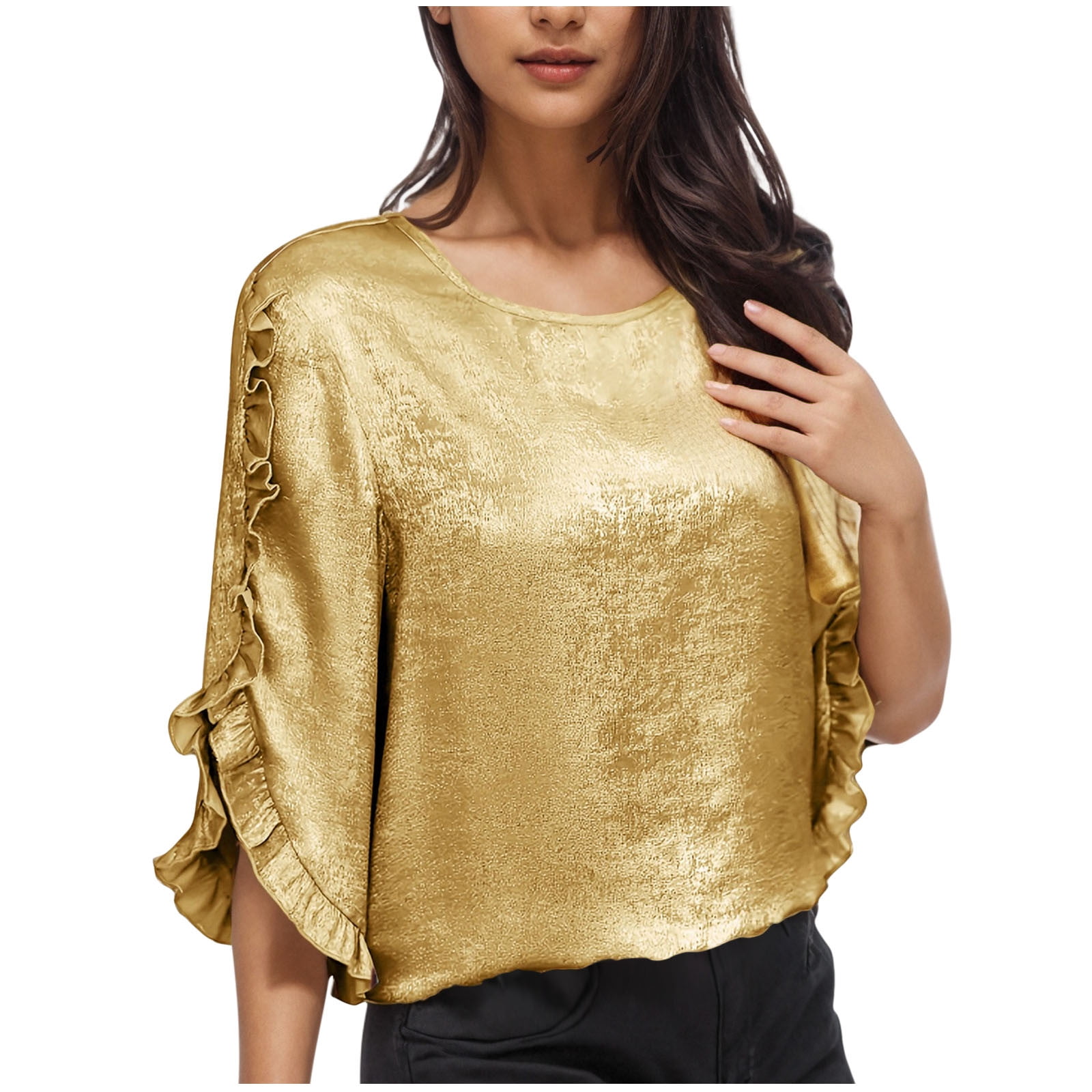 fatyb Shiny Tops for Women Ruffle 3/4 Sleeve Elegant Shirts Casual ...
