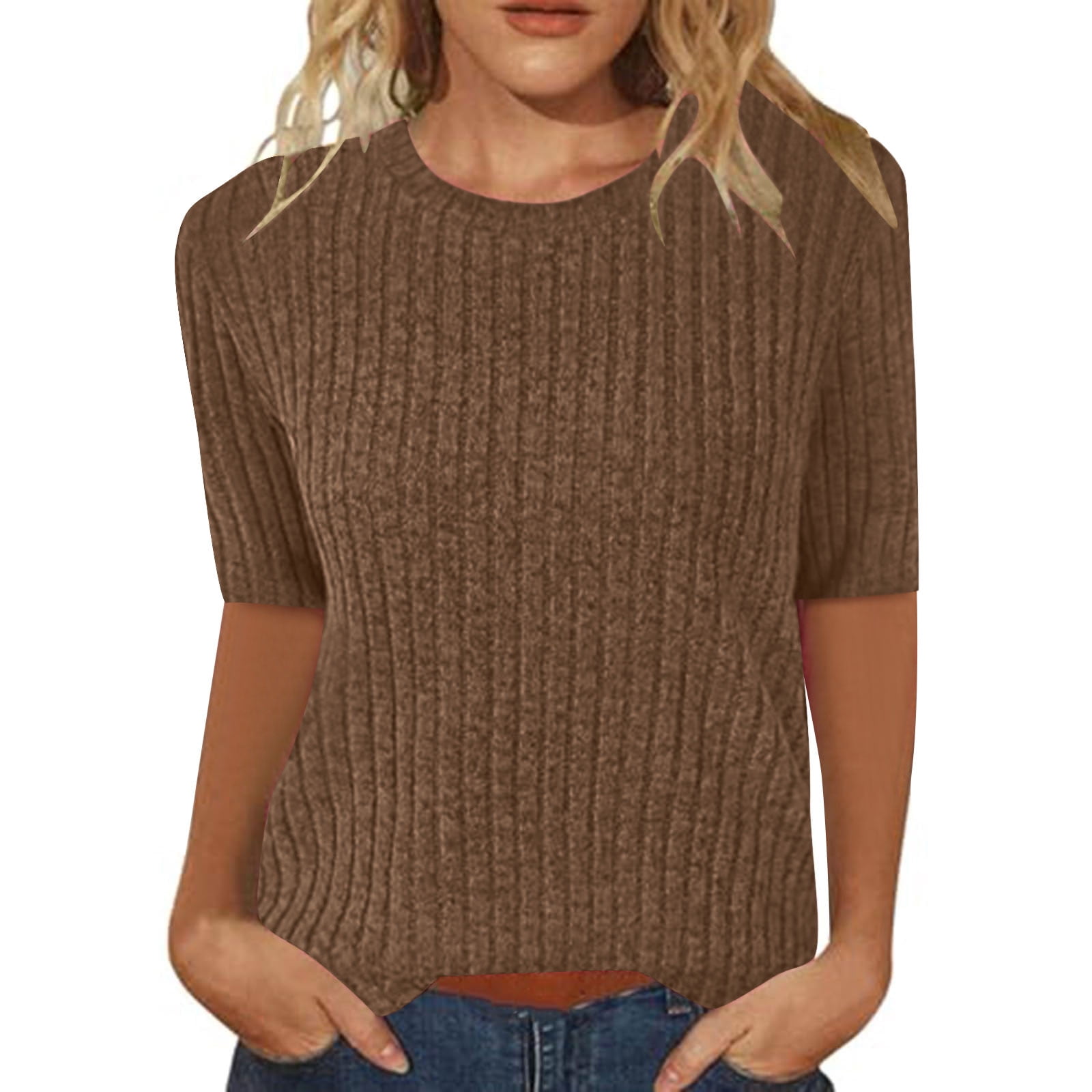 fatyb Summer Womens Knit Tops Half Sleeve Casual Spring Tops Round Neck ...