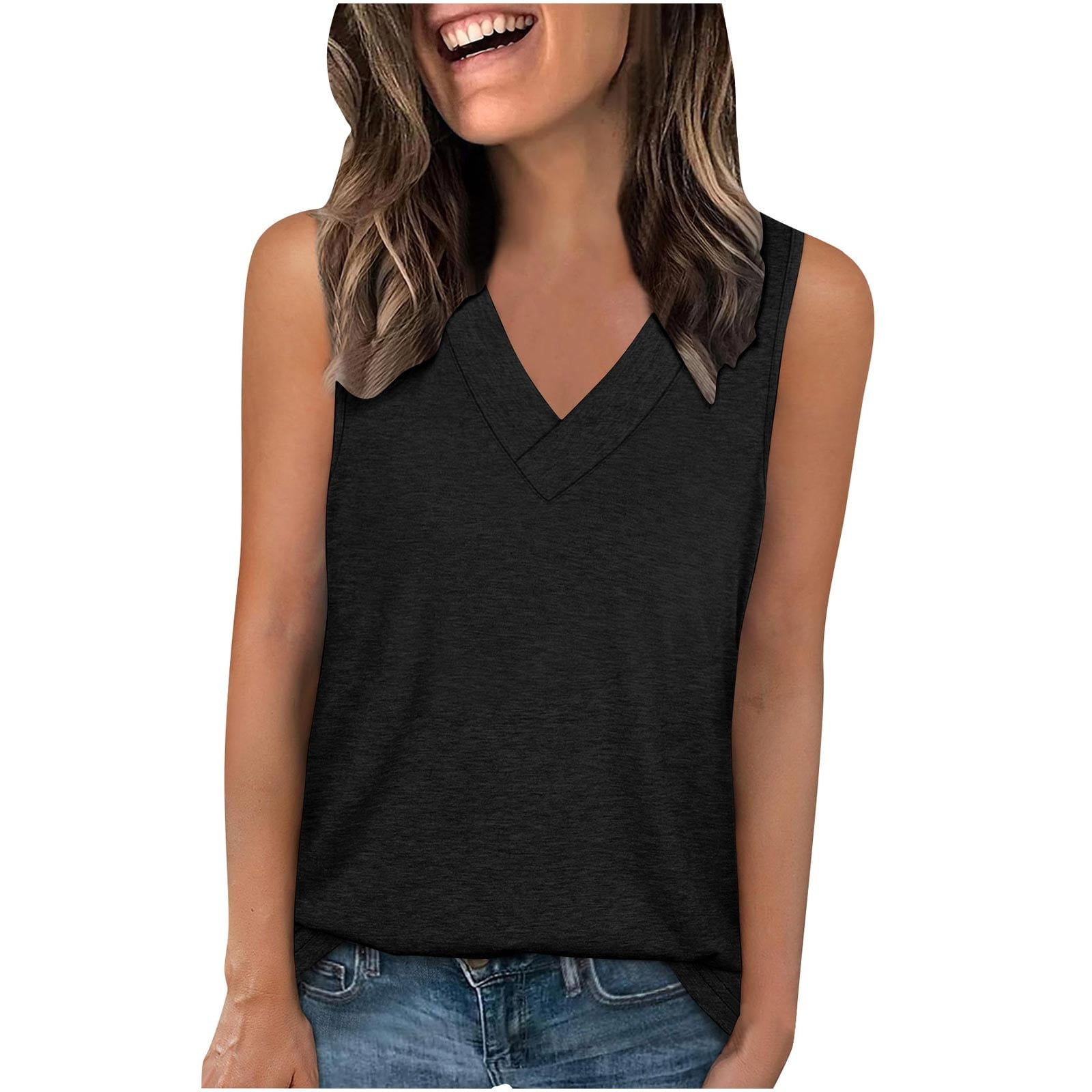 fatyb Tank Tops for Women V Neck Sleeveless Tees Shirts Casual Plain ...