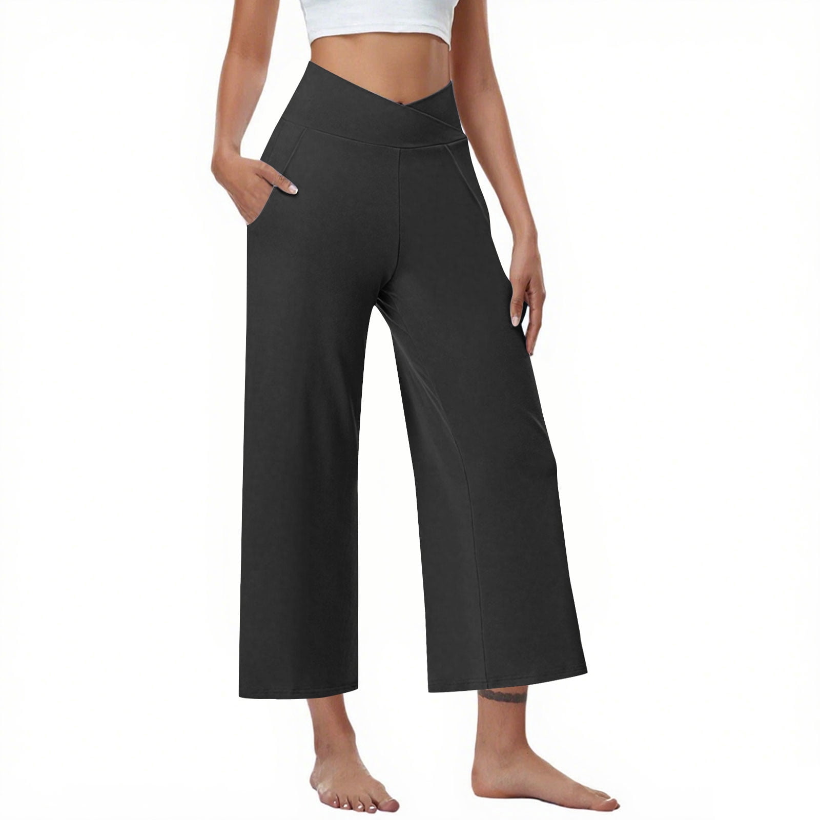 fatyb Wide Leg Capri Pants for Women Crossover High Waisted Capris ...