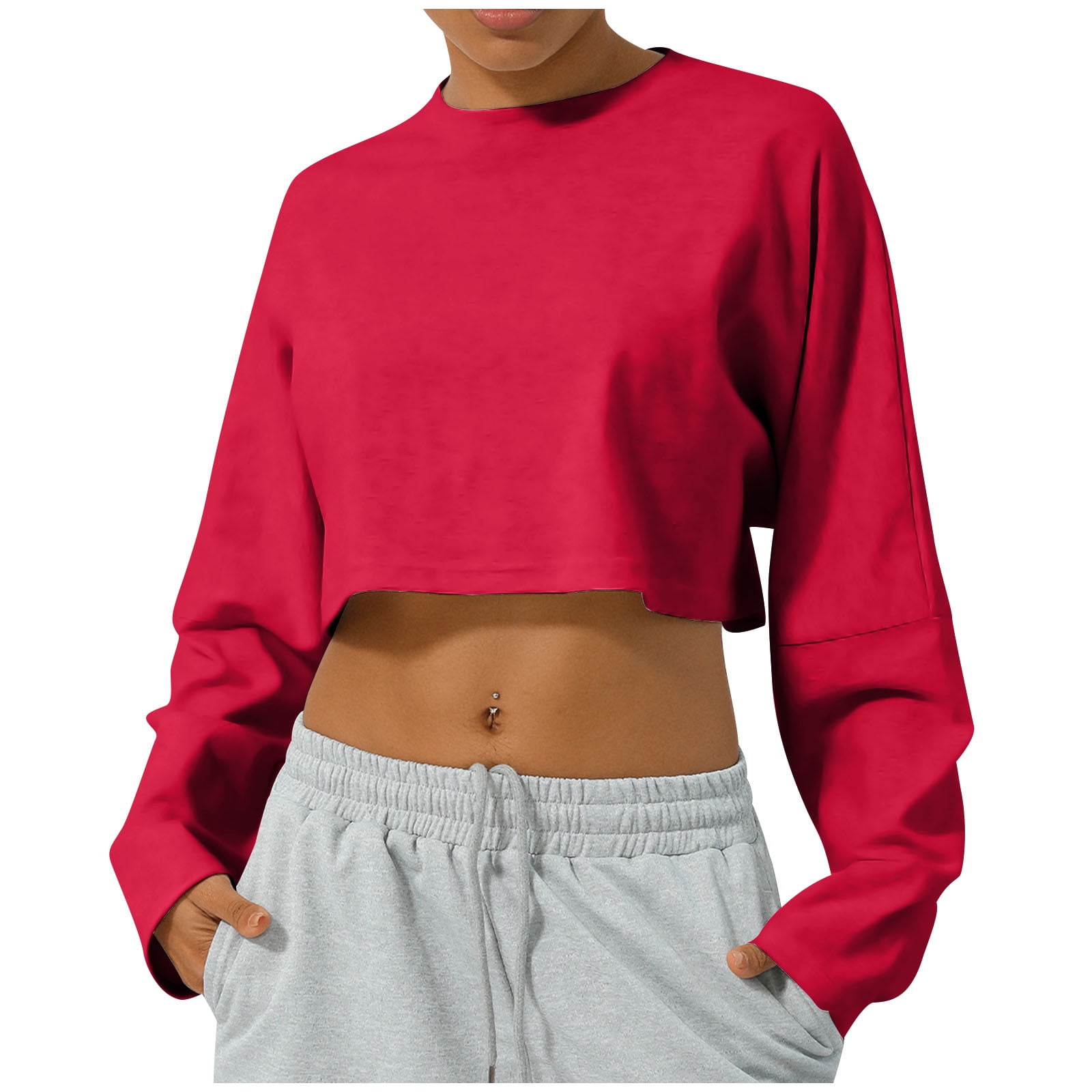 fatyb Women Long Sleeve Crop Tops Casual Loose Crewneck T Shirts Solid ...