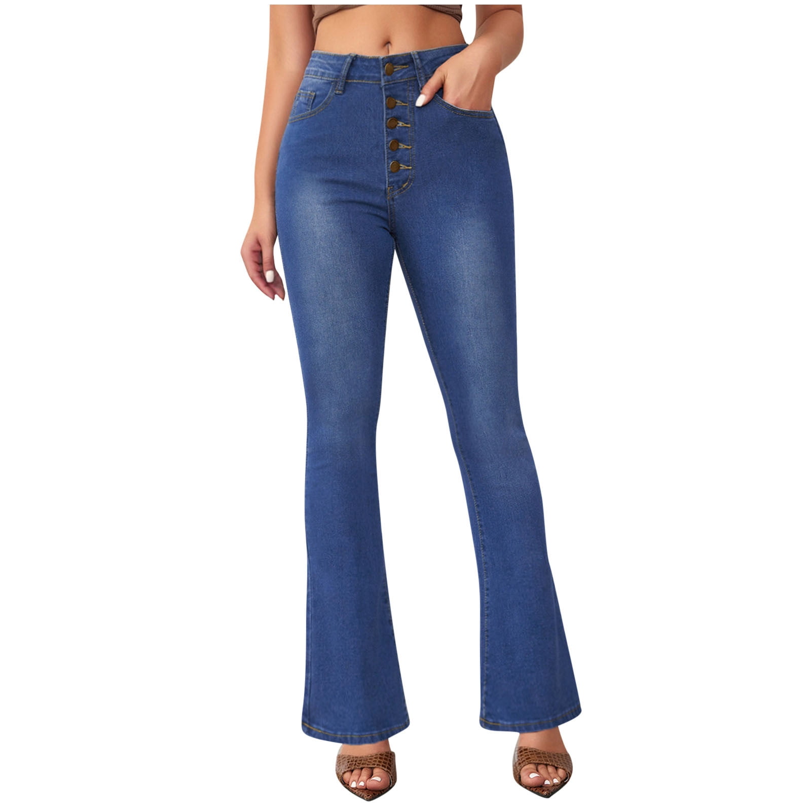 fatyb Women's 70s Flare Jeans Vintage Button down High Waist Bell ...