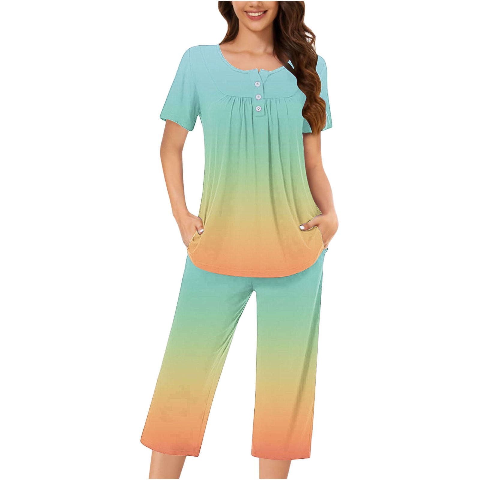 fatyb Women's Capri Pajama Sets Summer Comfy Short Sleeve Tops and ...