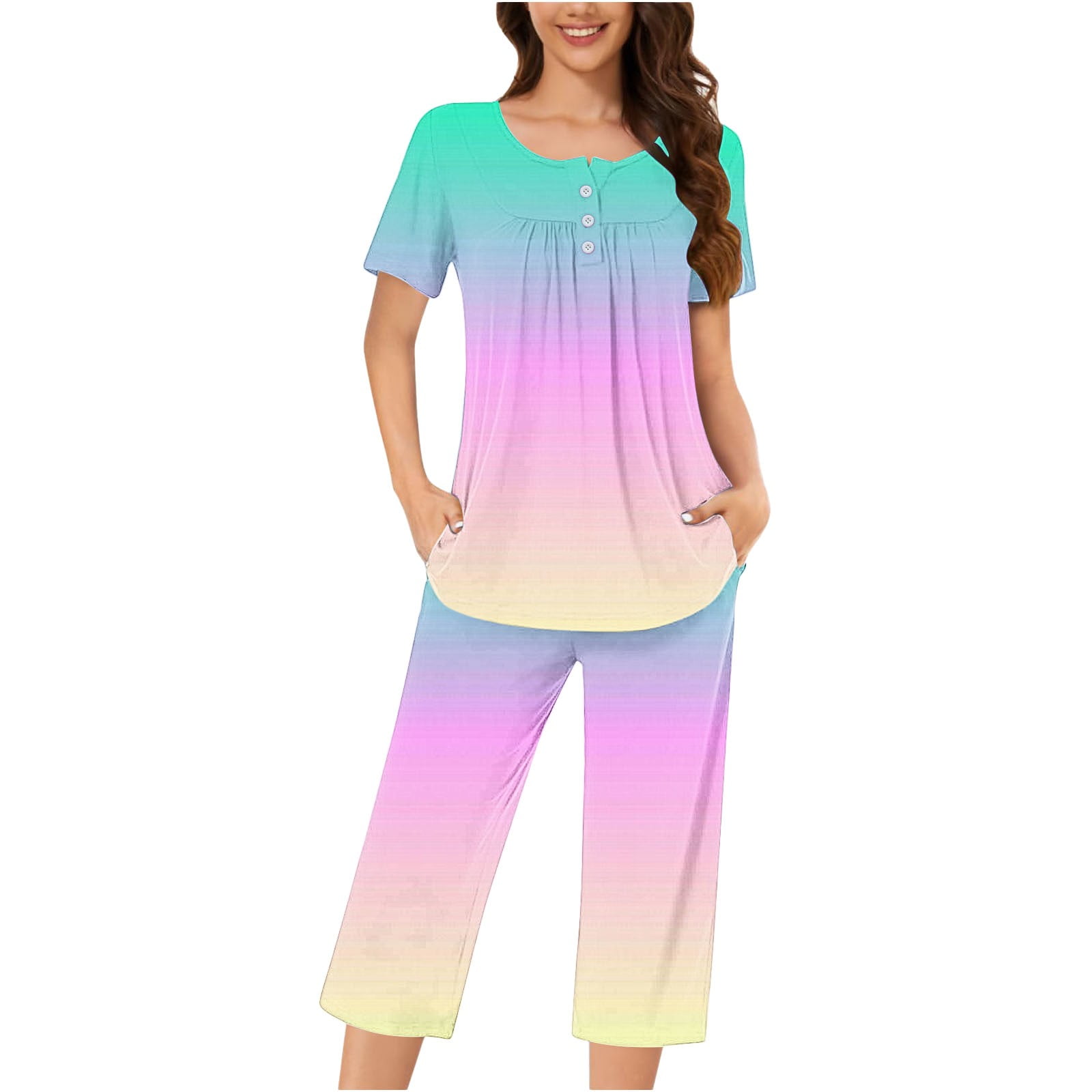 fatyb Women's Capri Pajama Sets Summer Comfy Short Sleeve Tops and ...