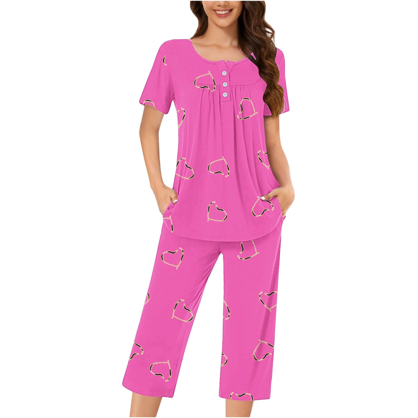 fatyb Women's Capri Pajama Sets Summer Comfy Short Sleeve Tops and ...