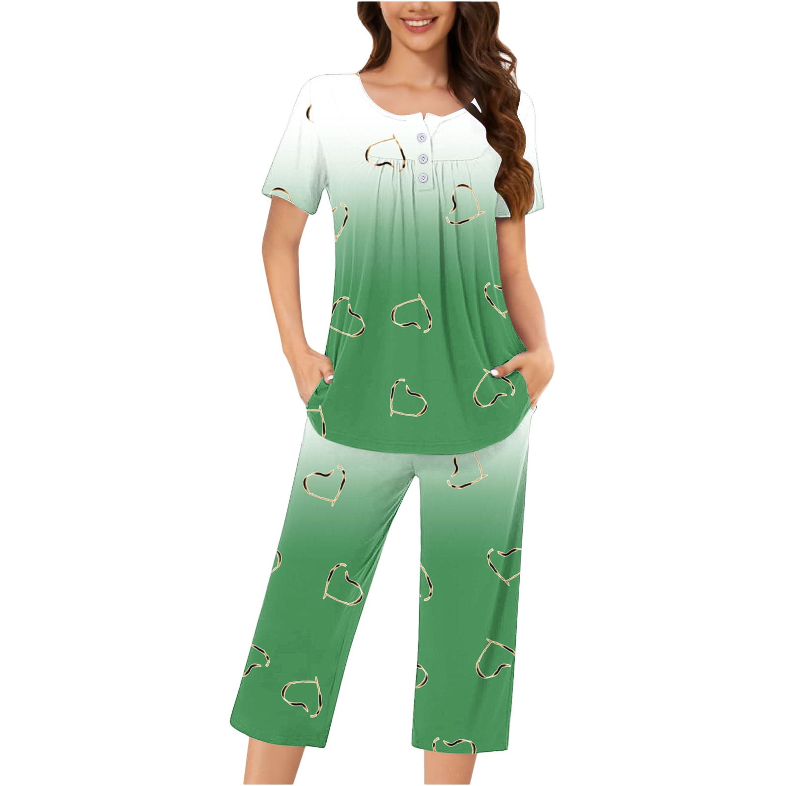 fatyb Women's Capri Pajama Sets Summer Comfy Short Sleeve Tops and ...