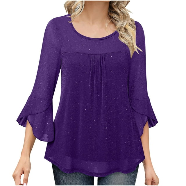 fatyb Women's Dressy Shirts Ruffle 3/4 Sleeve Mesh Tunic Tops Double ...