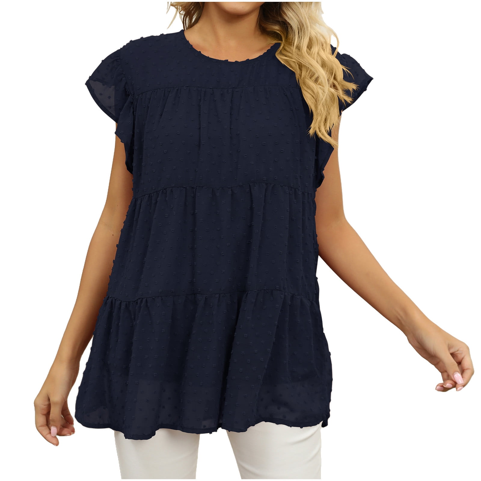 fatyb Women's Dressy Tops Poms Ruffle Short Sleeve Crewneck Flowy ...