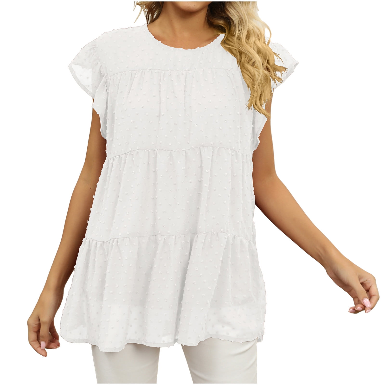 fatyb Women's Dressy Tops Poms Ruffle Short Sleeve Crewneck Flowy Blouses Layered Loose Elegant ...