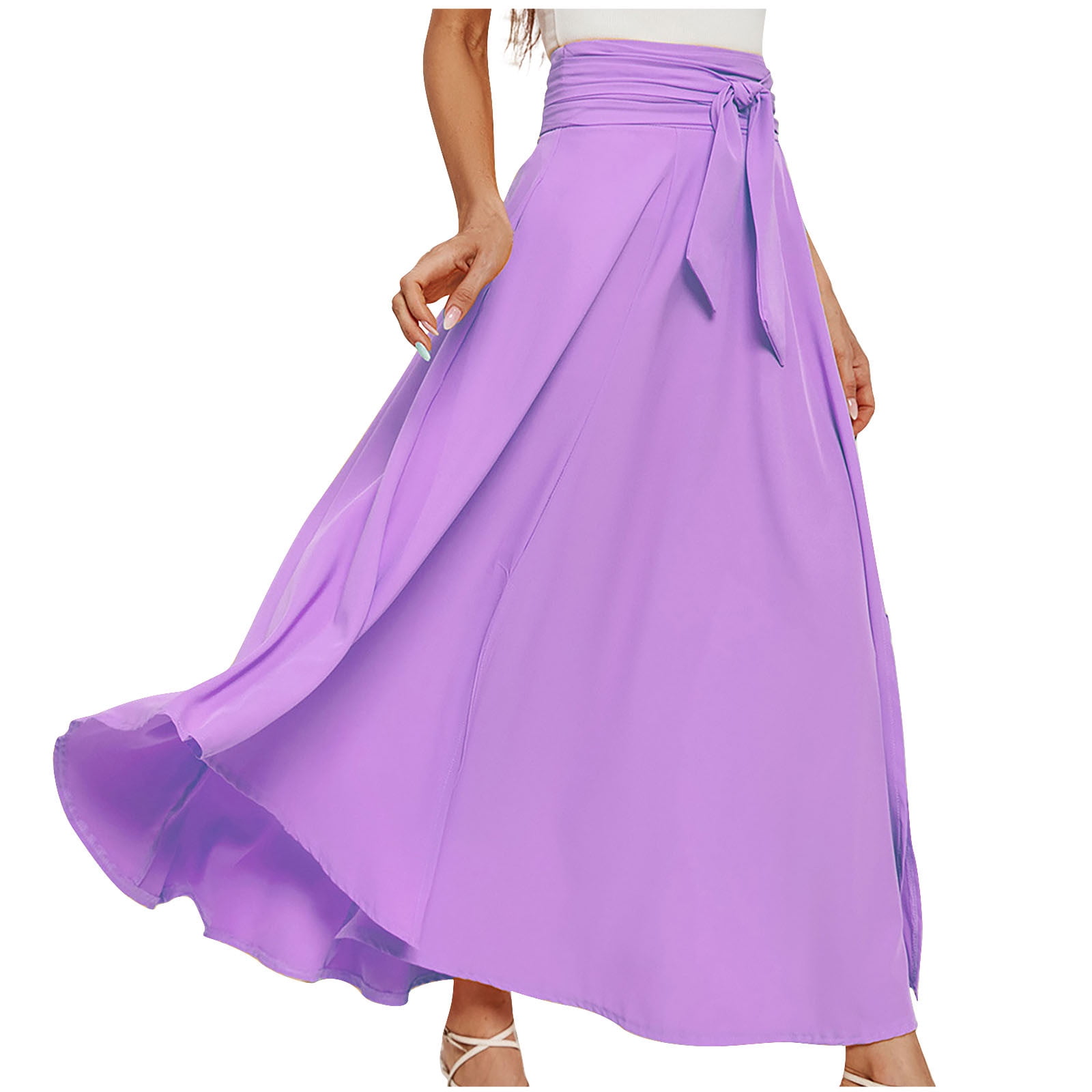 fatyb Women's Flowy Maxi Skirts High Waist A-Line Skirt Tie Knot Front ...