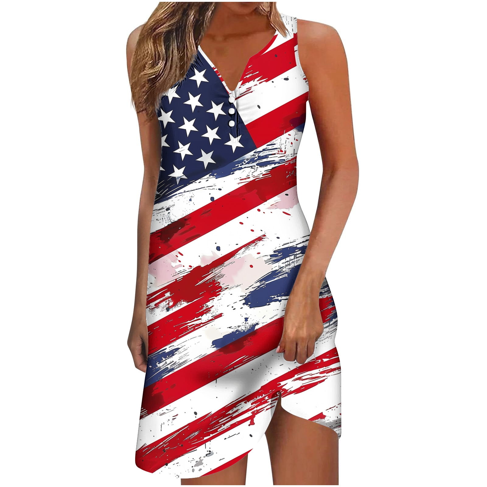 fatyb Women's Independence Day Midi Dresses Summer V Neck Button up ...