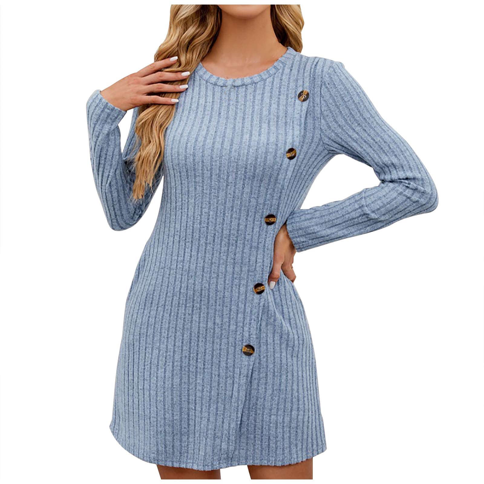 fatyb Women's Long Sleeve Crewneck Knitted Mini Dress Fall Winter ...