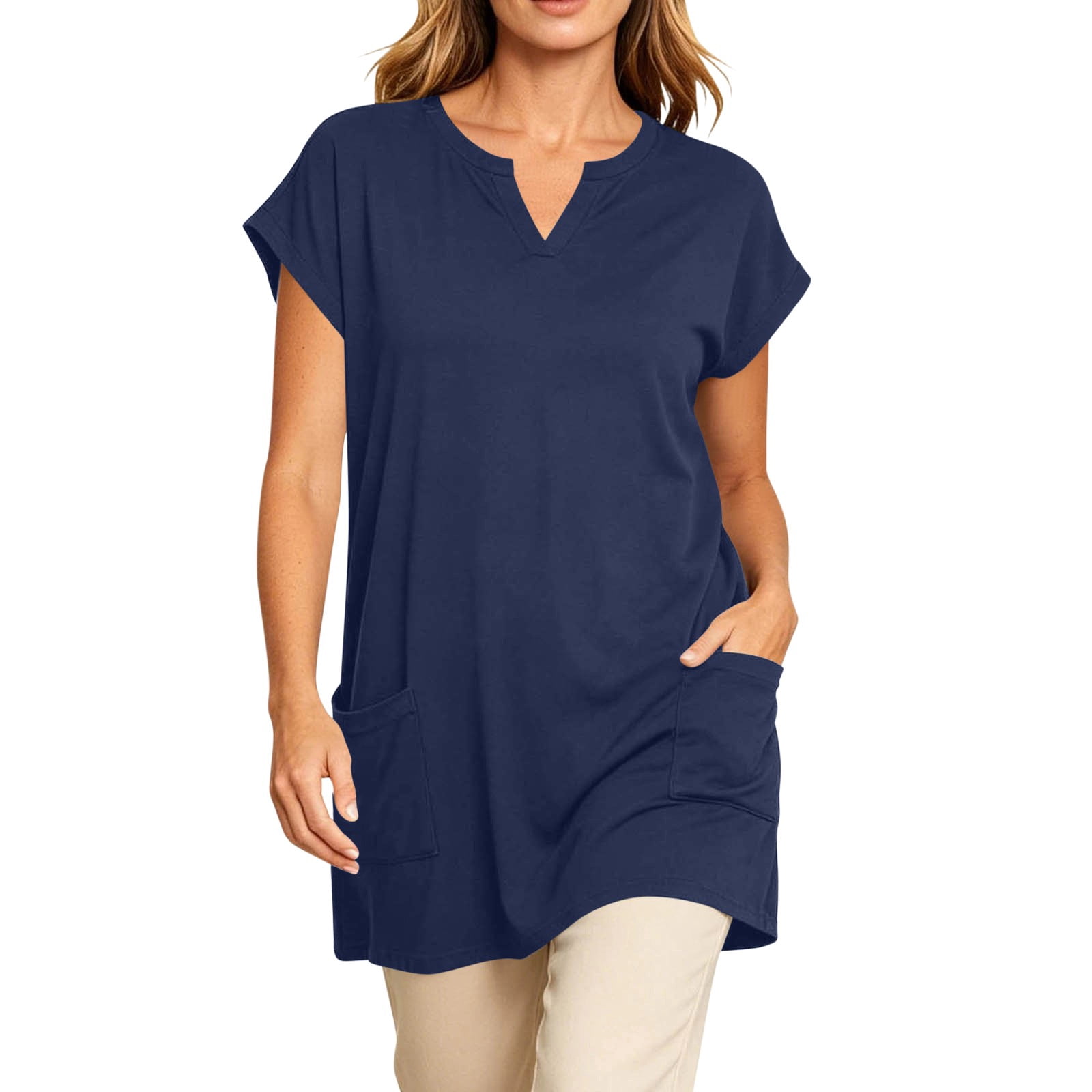 fatyb Women's Long T-Shirts Short Sleeve V Neck Tee with Pockets Summer ...