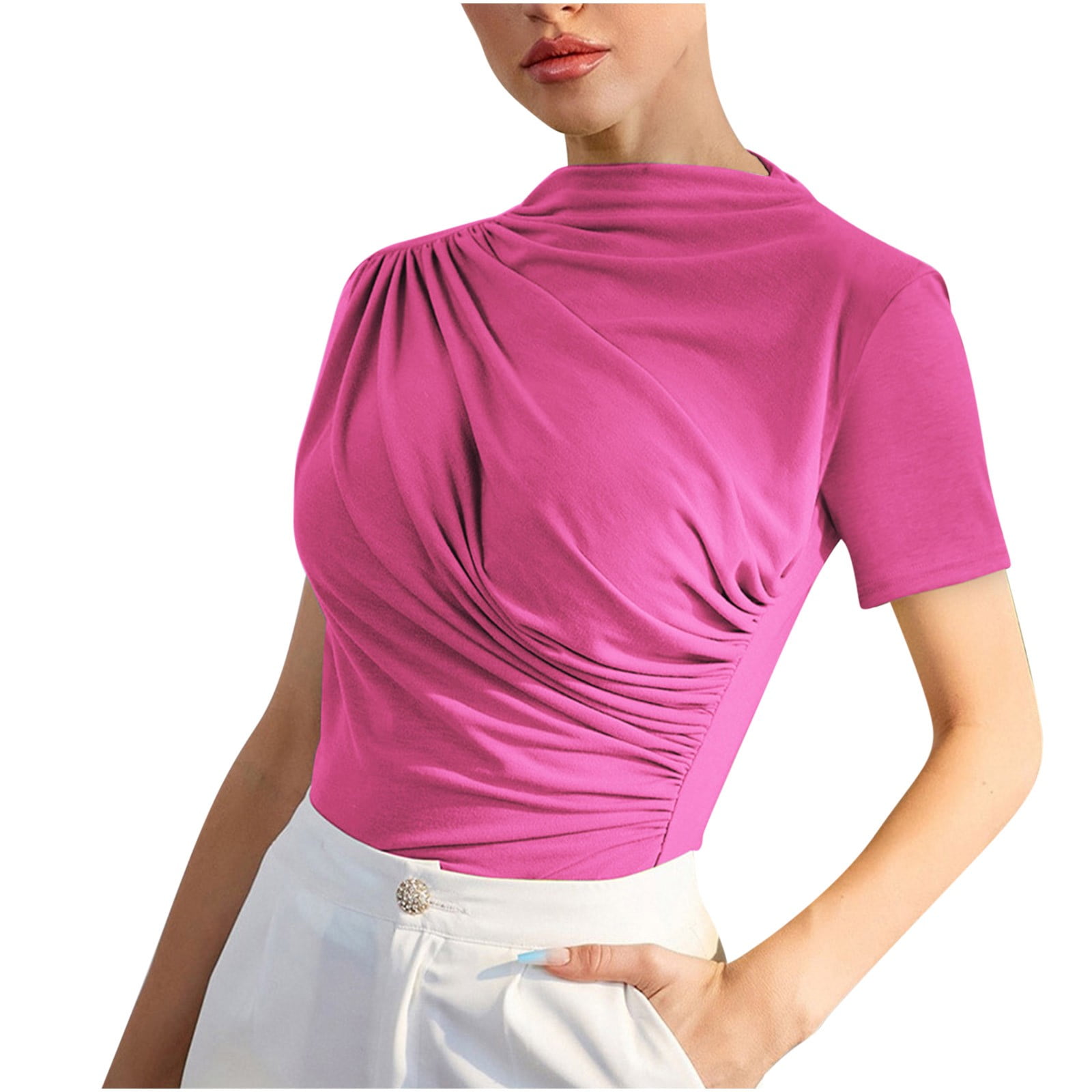fatyb Women's Ruched Tops High Neck Short Sleeve Slim Shirts Solid ...