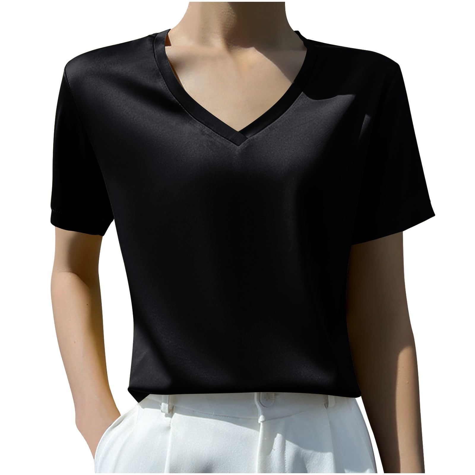 fatyb Women's Satin T-Shirts Short Sleeve V Neck Casual Blouses Solid ...