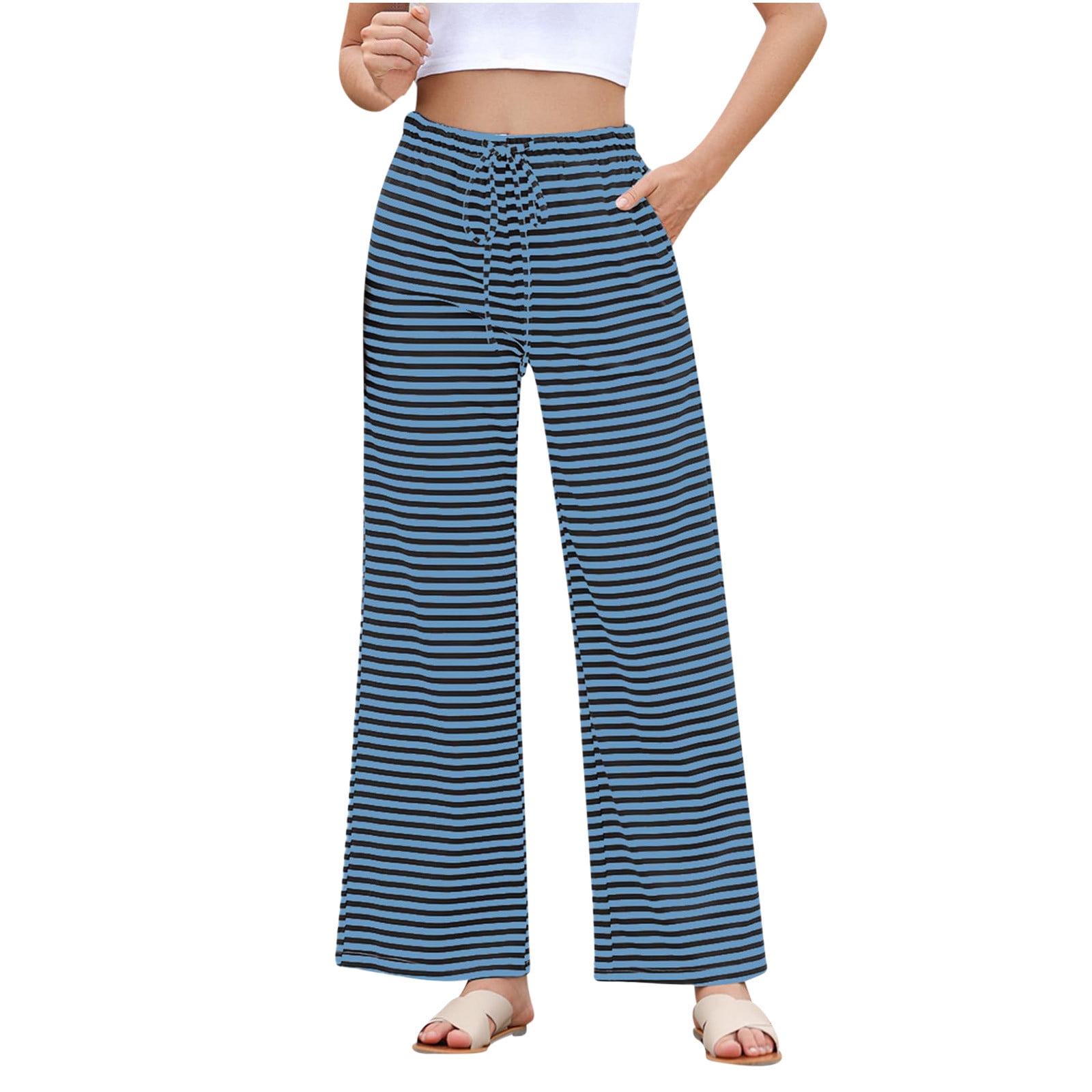 fatyb Women's Striped Lounge Pants Drawstring Wide Leg Pants Women Soft ...