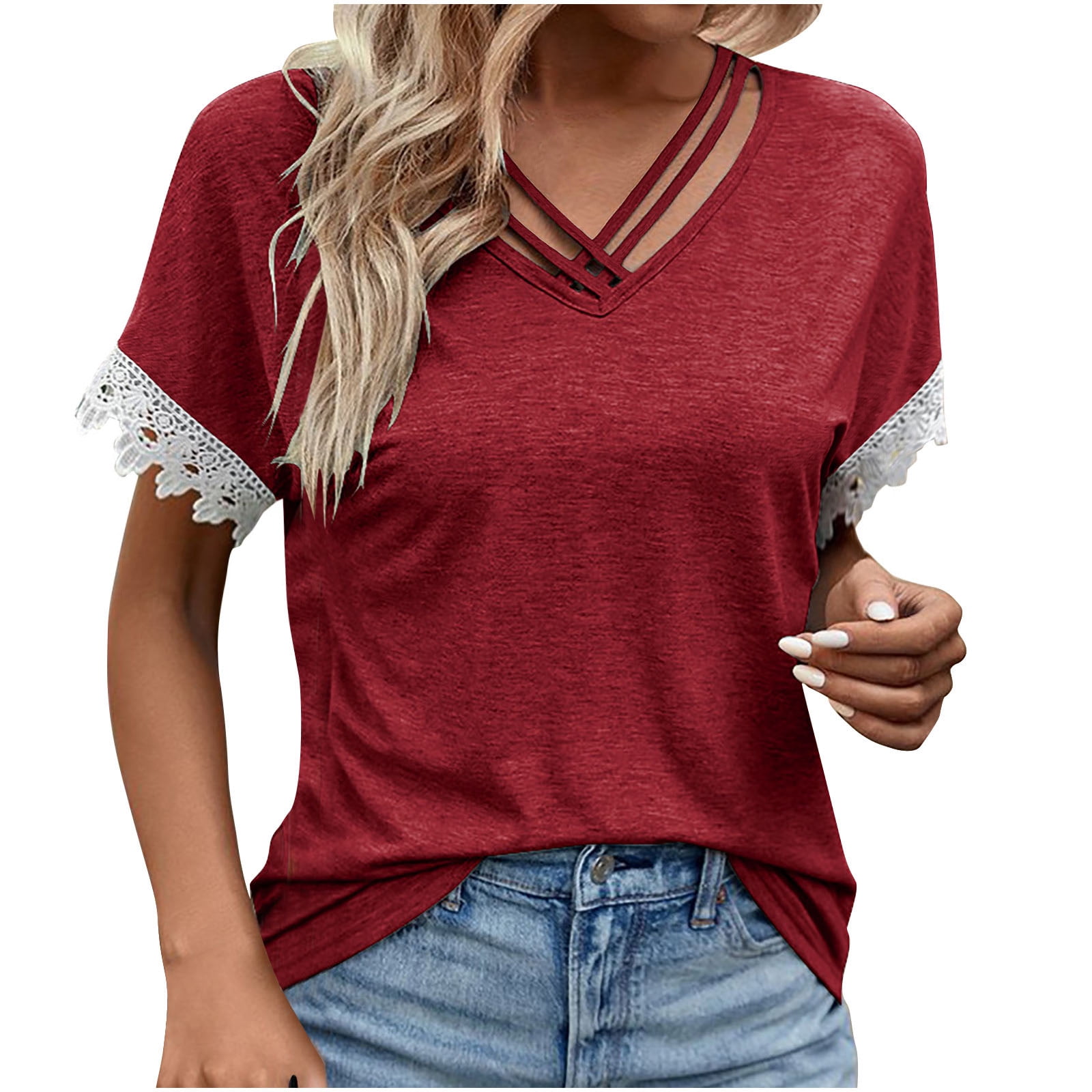 fatyb Women's Summer Tops Lace Short Sleeve Patchwork Tshirts Casual V ...