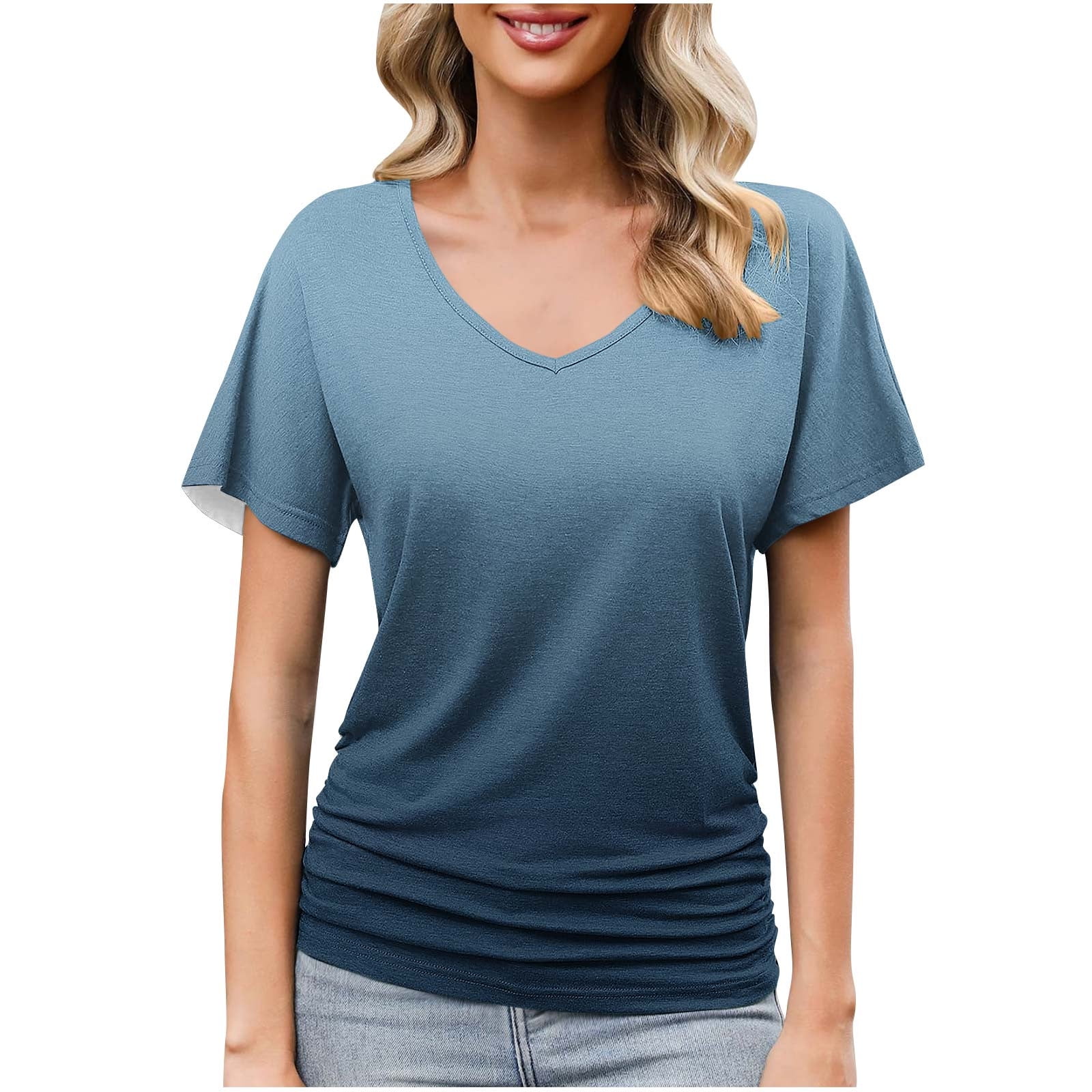 fatyb Women's V Neck Short Sleeve Shirts Side Ruched Casual Blouses ...