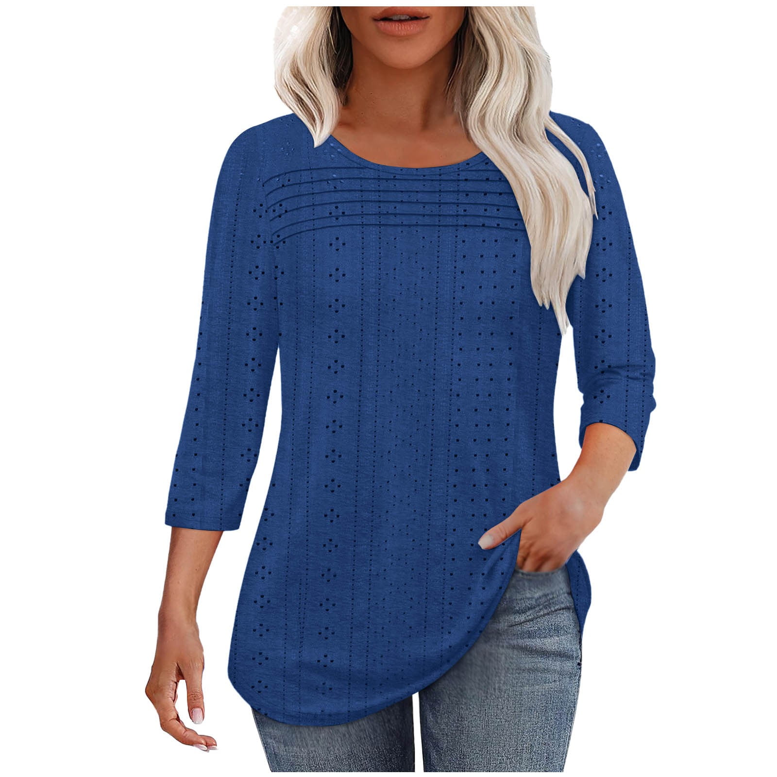 fatyb Womens 3/4 Sleeve Eyelet Tops Crewneck Casual Loose Tunic Tops ...