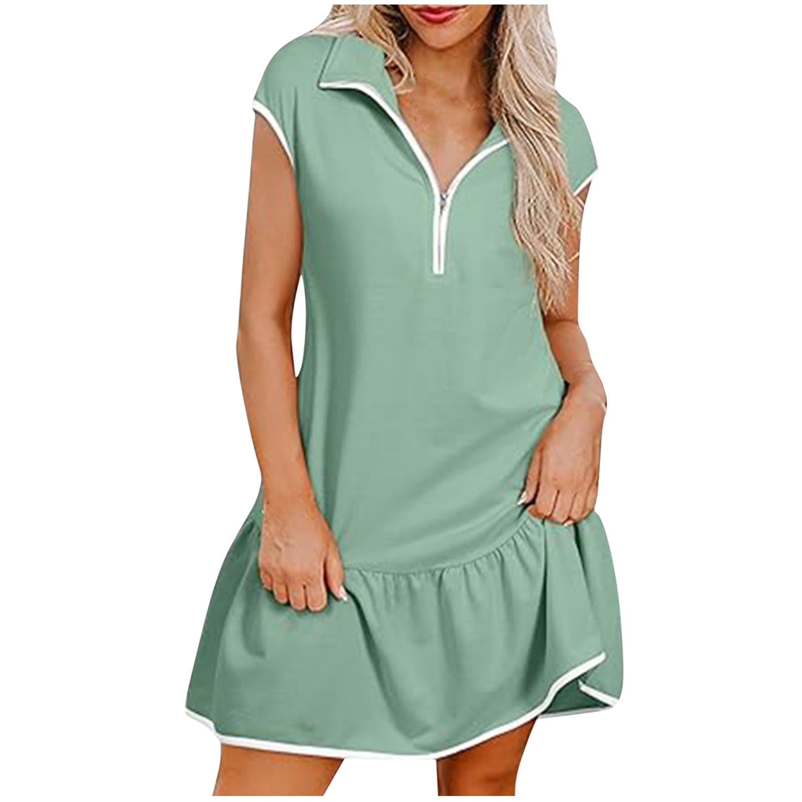 fatyb Womens Half Zip Mini Dresses Cap Sleeve V Neck Casual Dresses ...