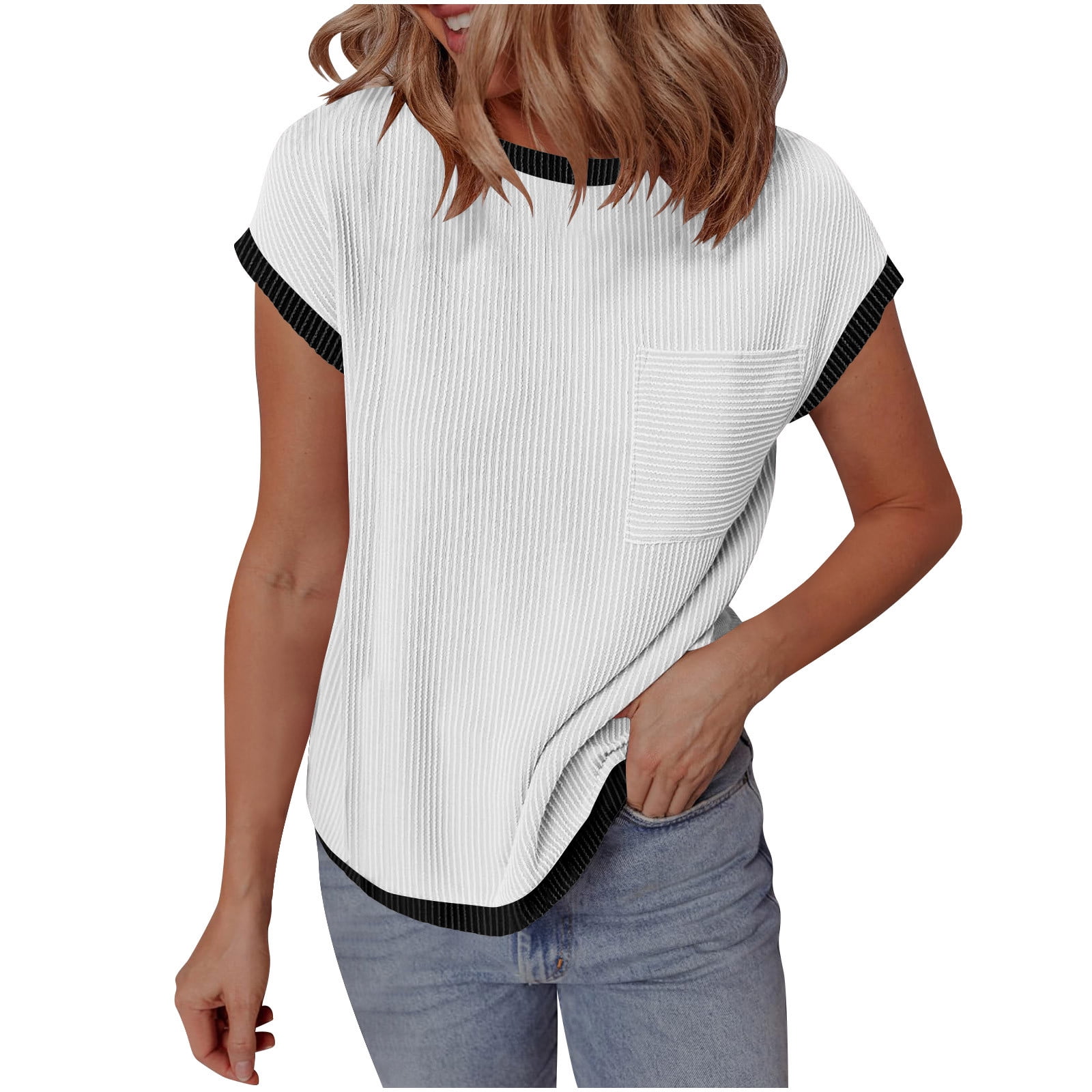 fatyb Womens Ribbed Casual T Shirts Short Sleeve Round Neck Knit Tops ...