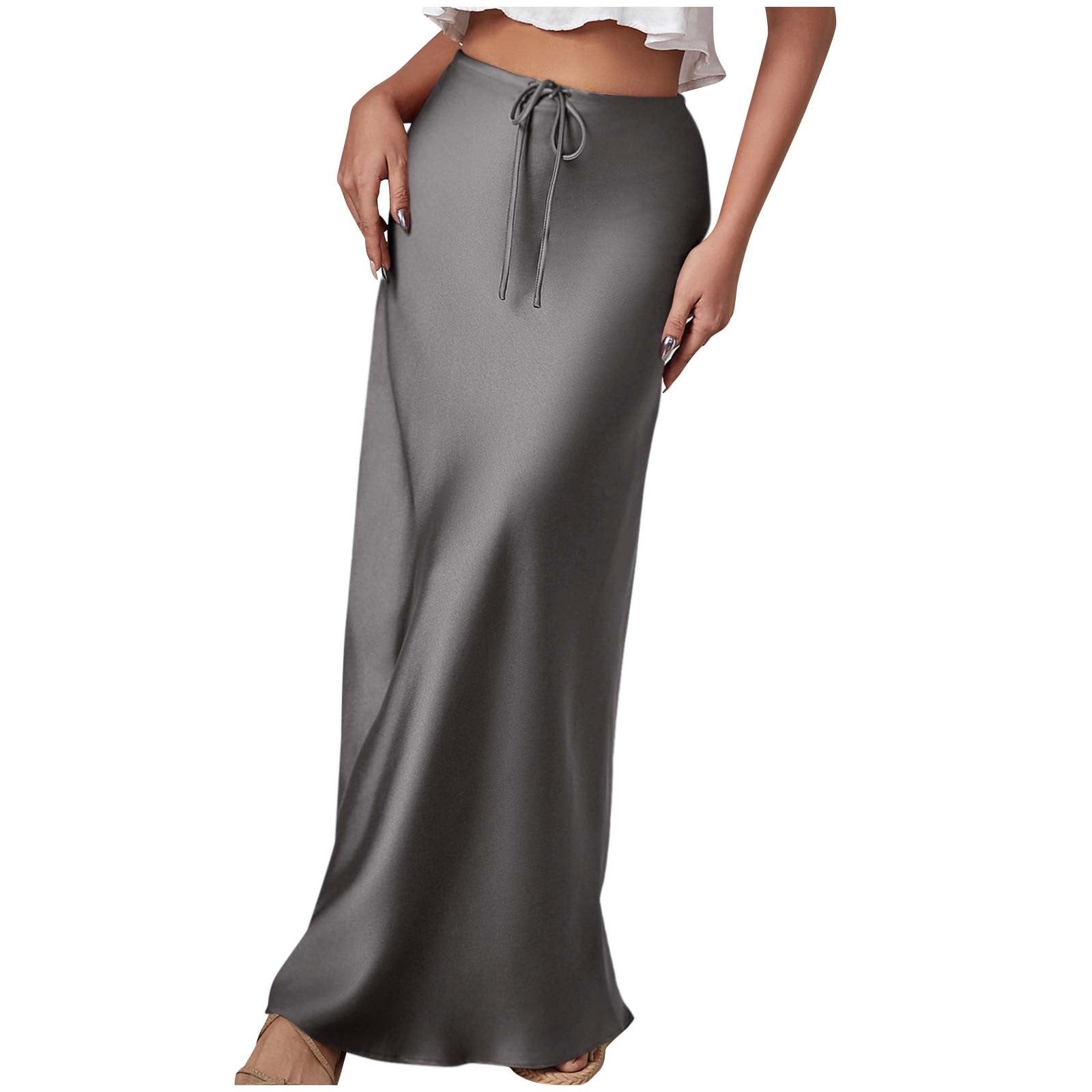 fatyb Womens Satin Maxi Skirts Drawstring High Waist Long Skirt Party ...