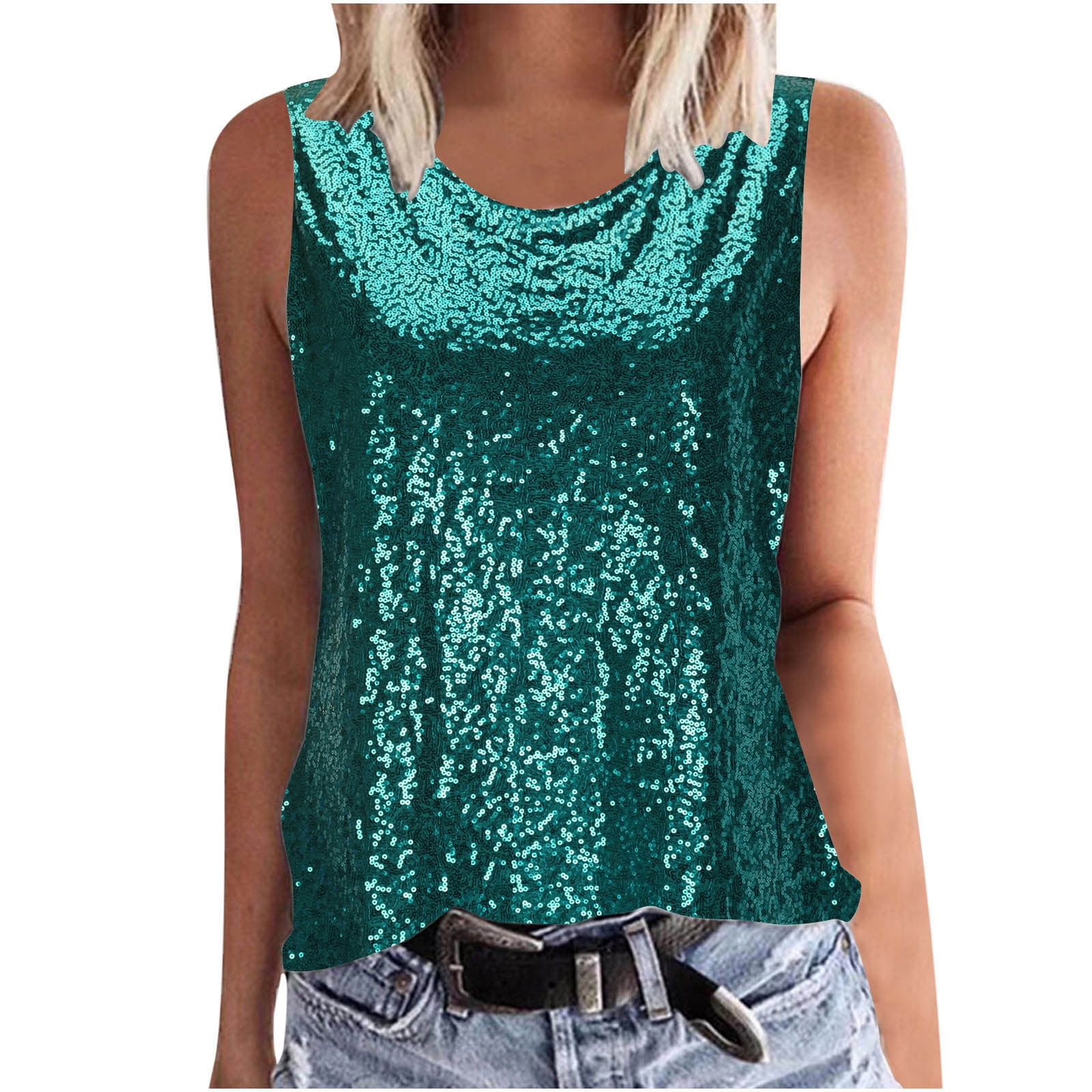 fatyb Womens Sequin Tank Tops Sleeveless Crew Neck Sparkly Shirts ...