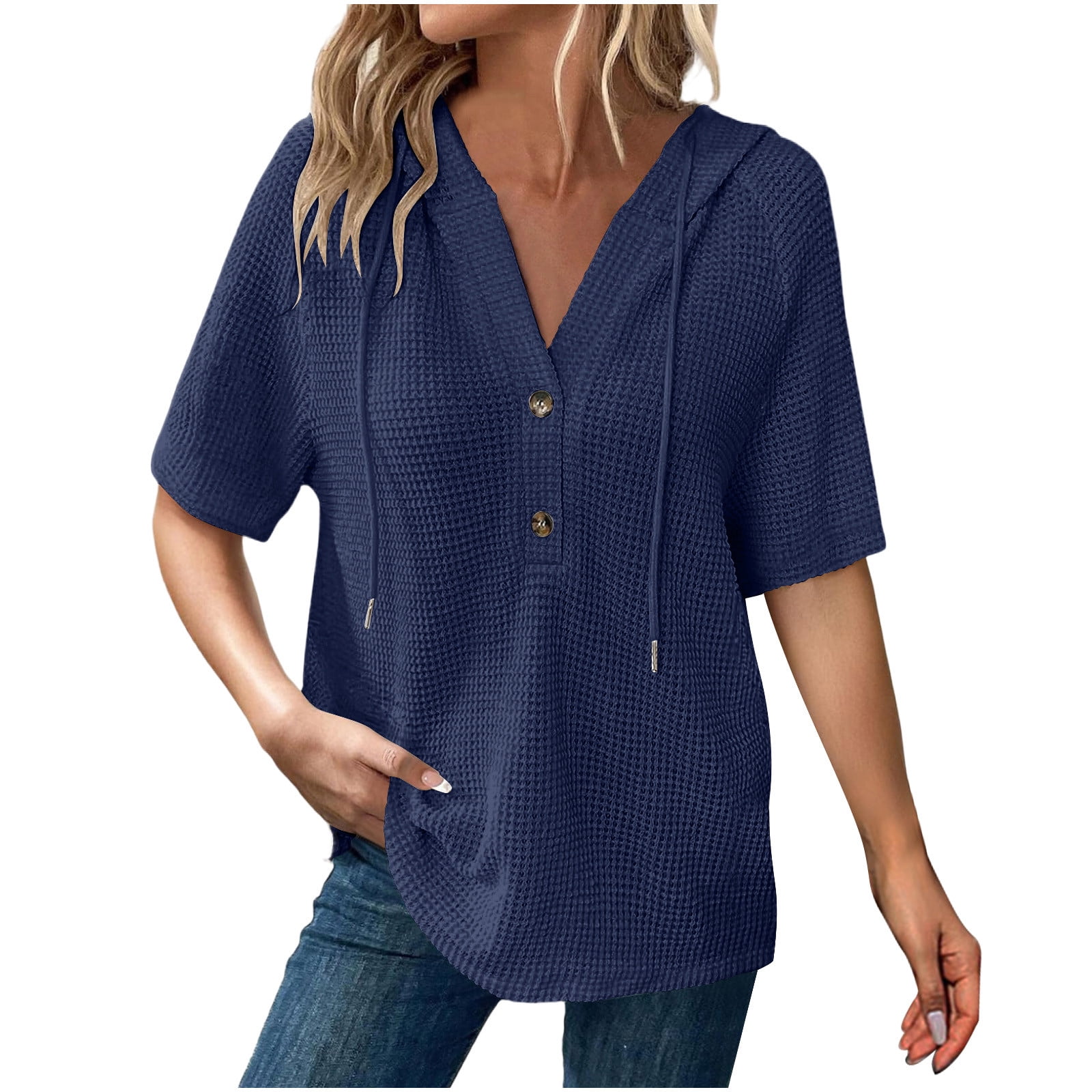 fatyb Womens Short Sleeve Tops with Hood Drawstring Button V Neck ...
