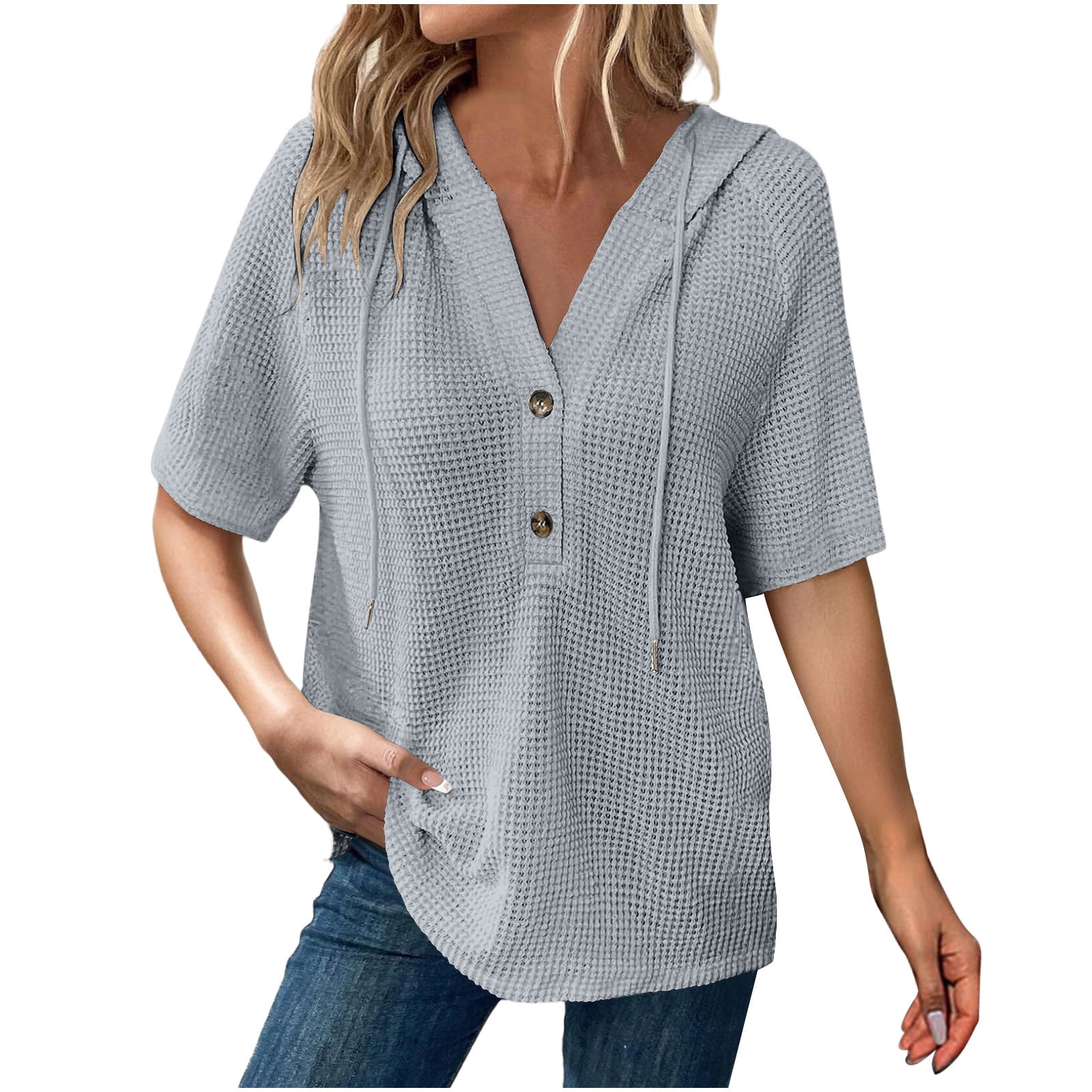fatyb Womens Short Sleeve Tops with Hood Drawstring Button V Neck ...